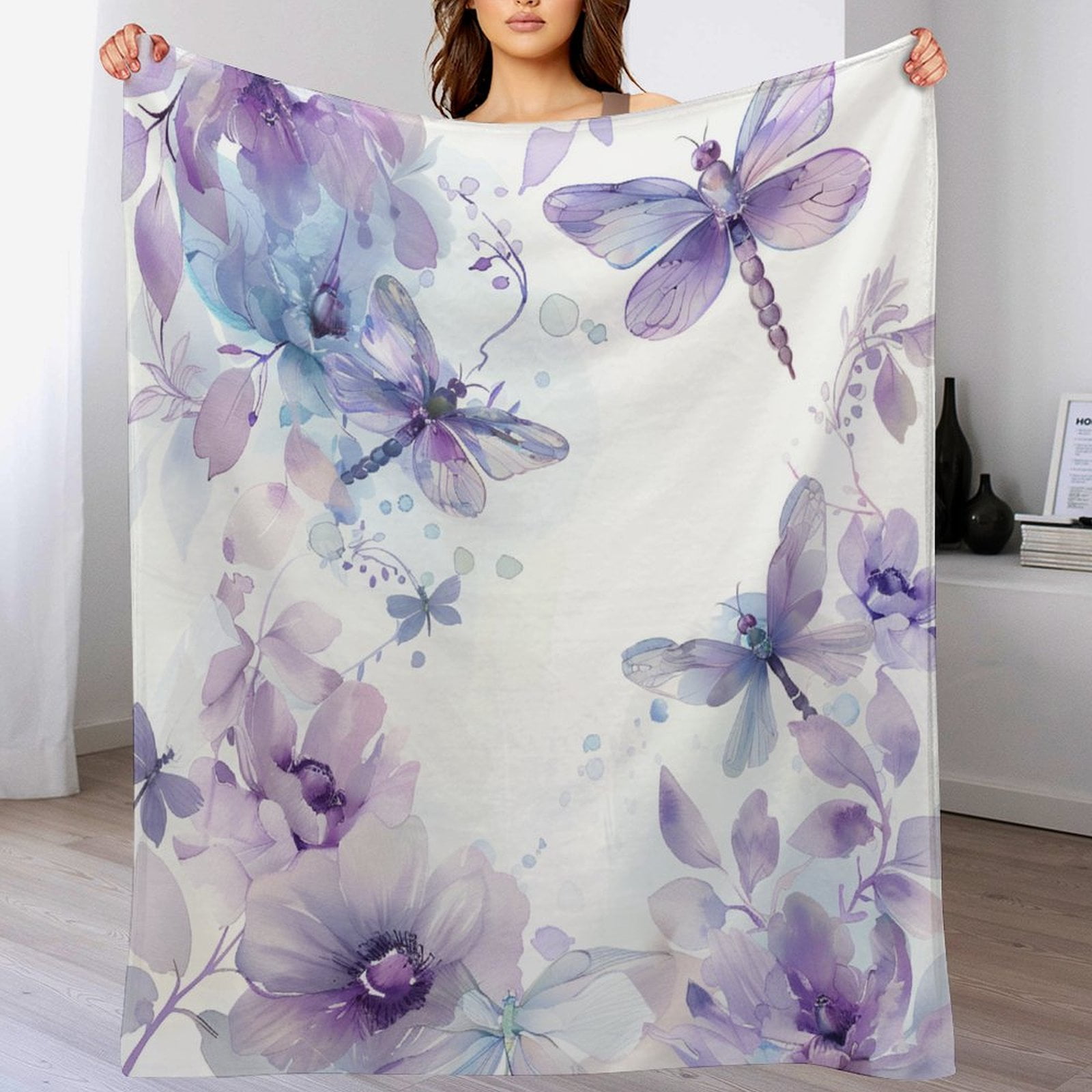 Watercolor Dragonflies And Purple Floral Flannel Winter Blanket 50"x60" Summer Bright Watercolor ...