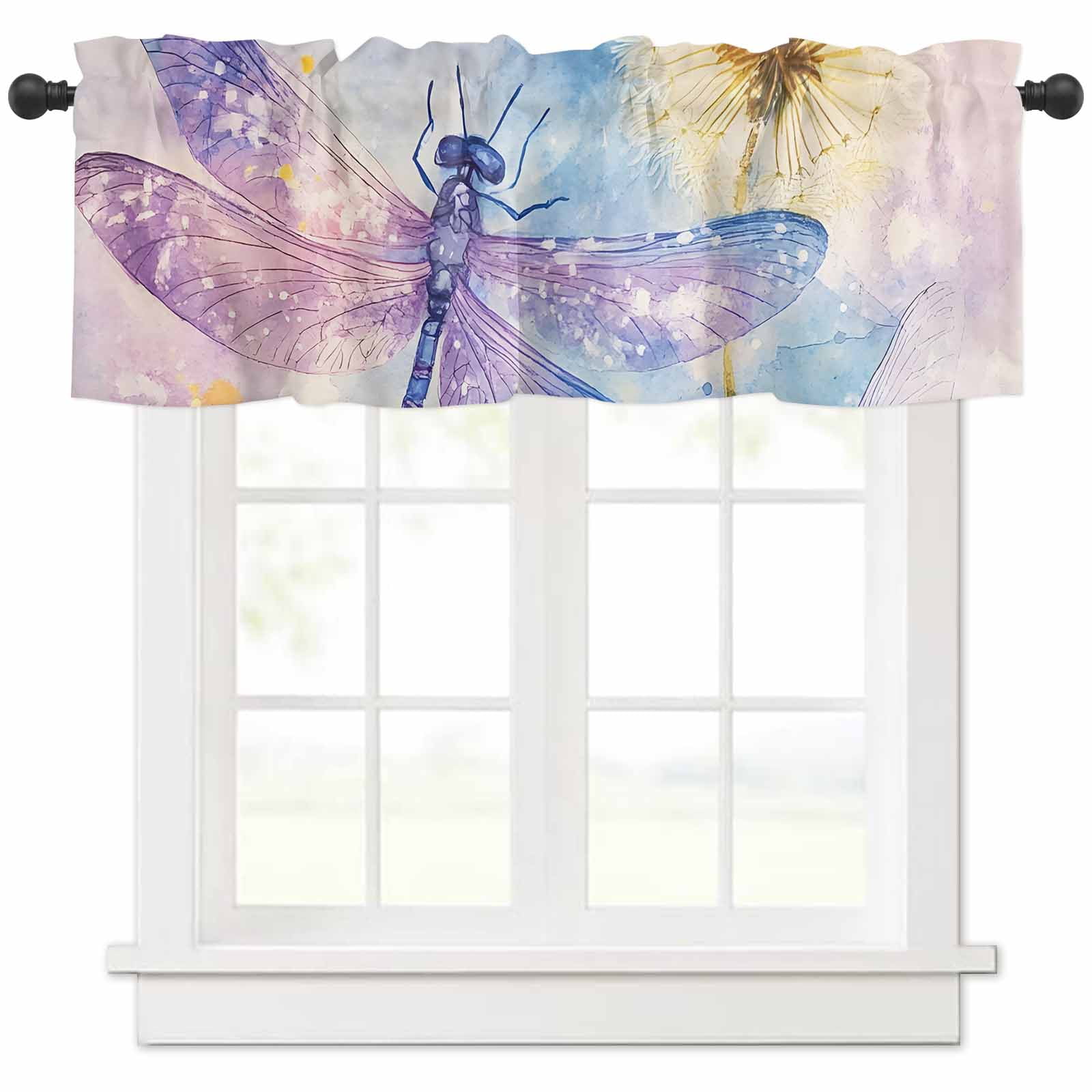 Watercolor Dragonfly Valances for Windows Farmhouse Kitchen Curtains ...