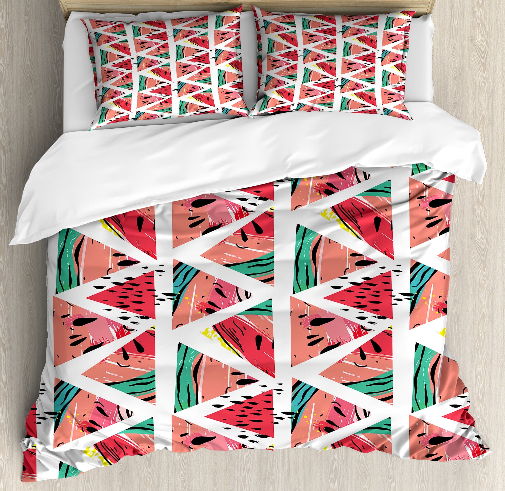 Watercolor Duvet Cover Set, Abstract Watermelon Pattern in Triangles ...