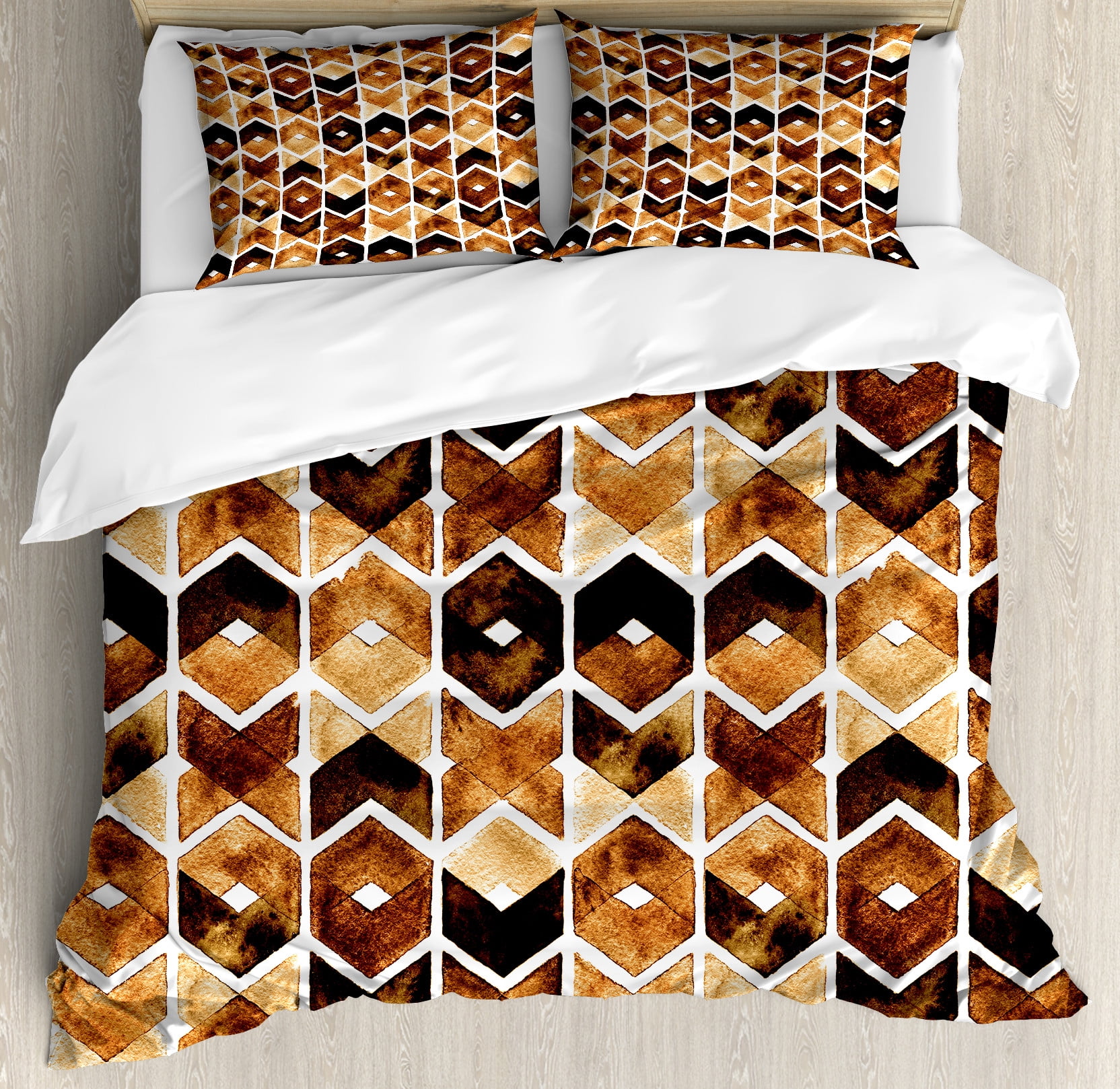 Watercolor Duvet Cover Set, Chevron Geometric Motifs in Dark Coffee ...