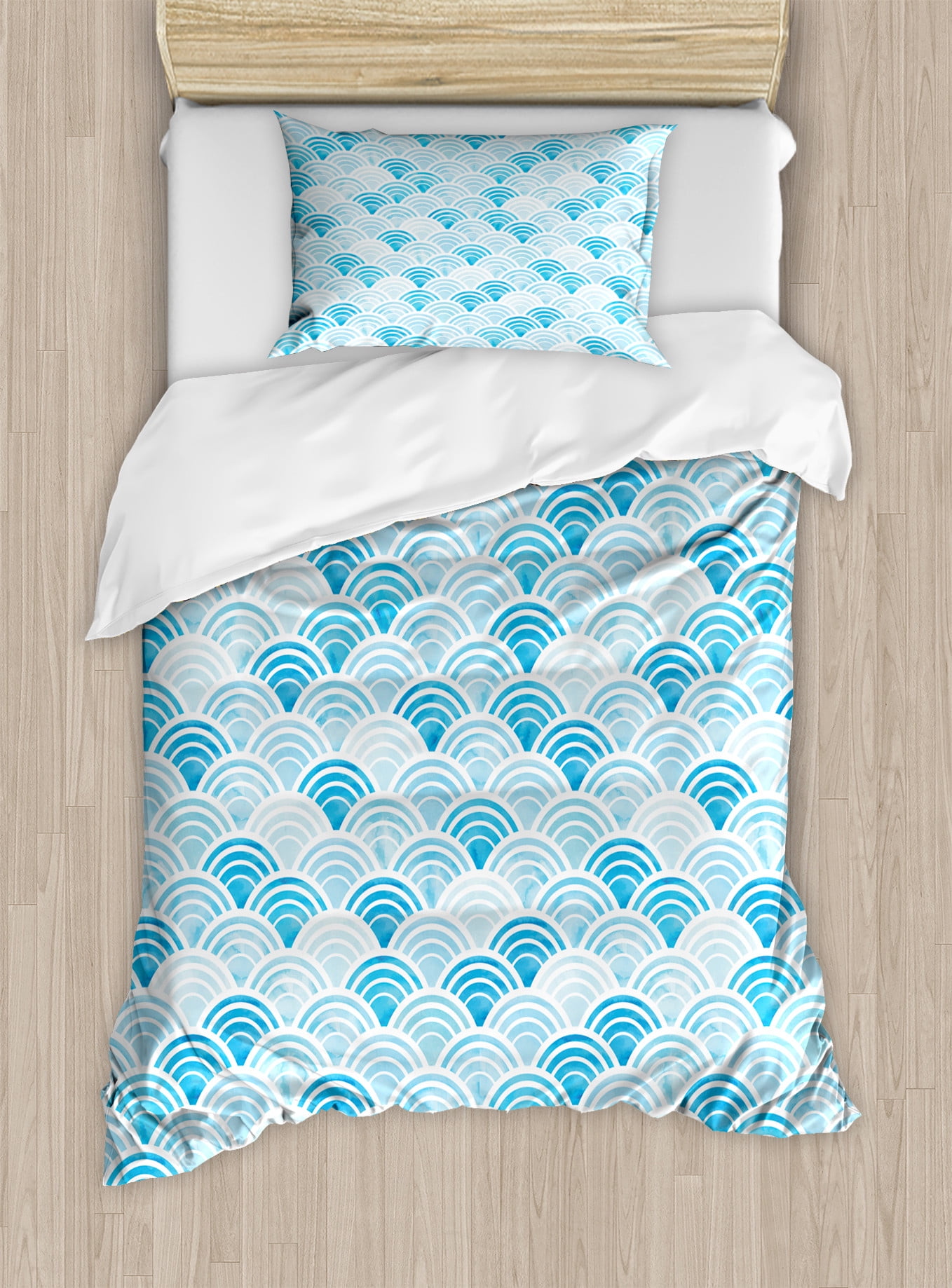 Watercolor Duvet Cover Set, Ocean Waves Inspired Curves in Aquatic ...