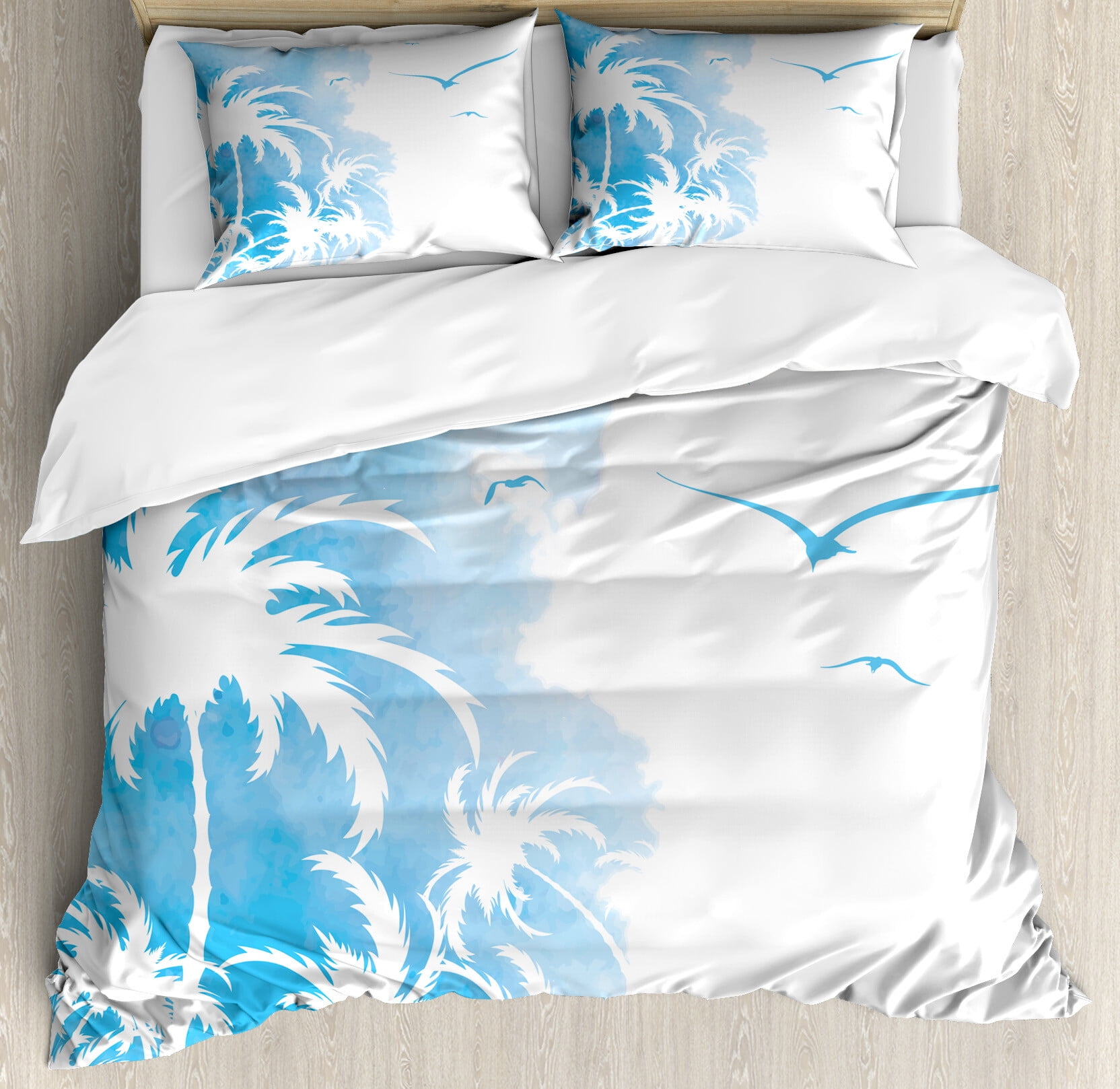 Watercolor Duvet Cover Set Pastel Colored Flying Silhouettes With Palm
