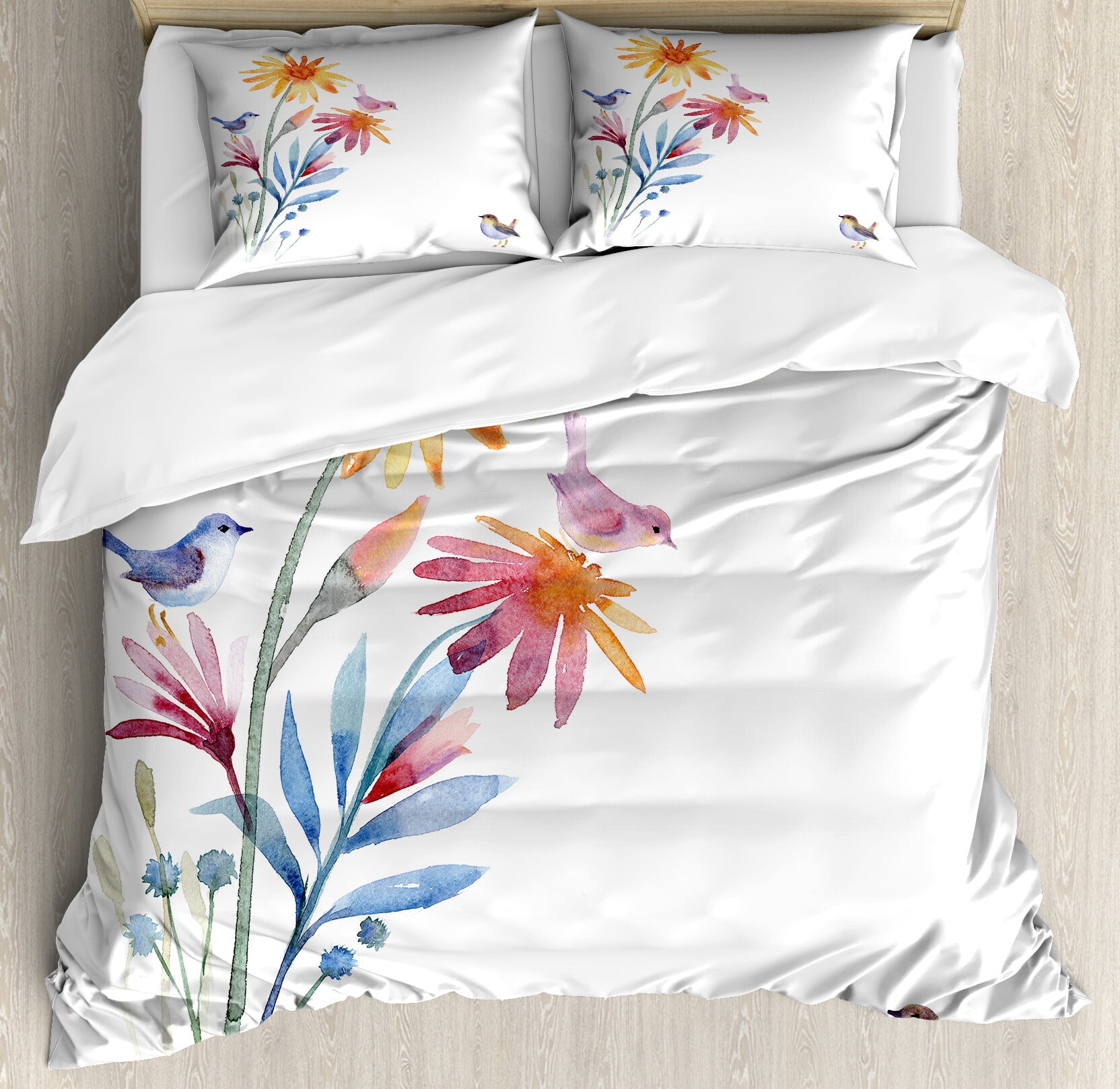 Watercolor Duvet Cover Set Springtime Flowers With Birds Unusual Color