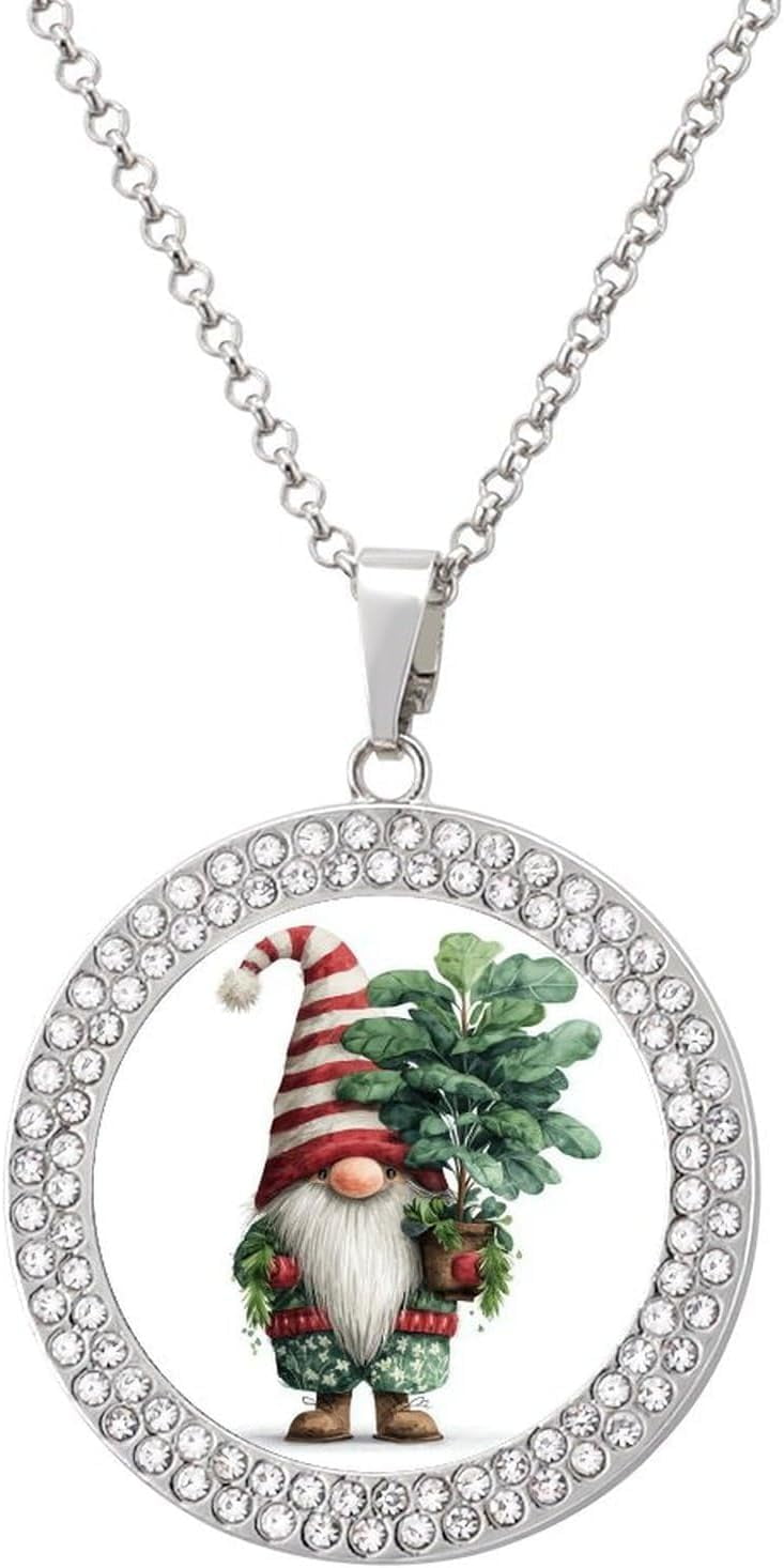 Watercolor Dwarf Holding A Christmas Tree Round Pendant Necklace Silver ...