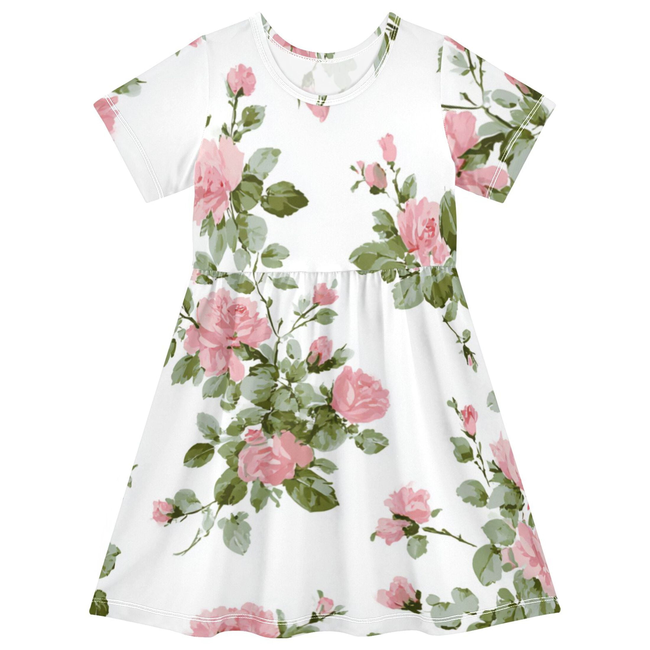 Watercolor Elegant Roses Girls' Short Sleeve Dress A-Line One-Piece ...