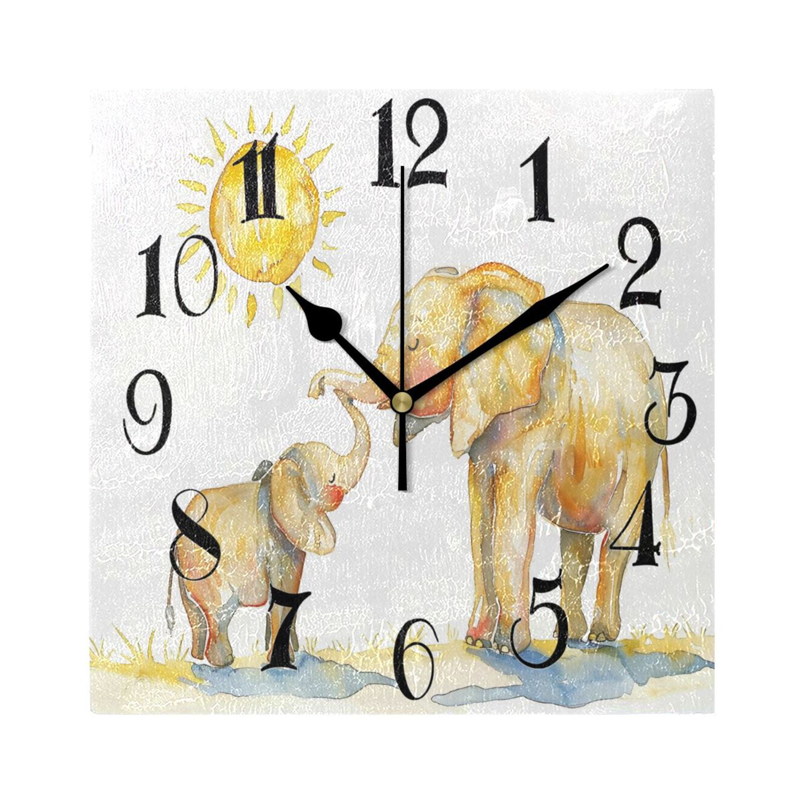 Watercolor Elephants Wall Clock Decorative Square Silent Non-Ticking ...