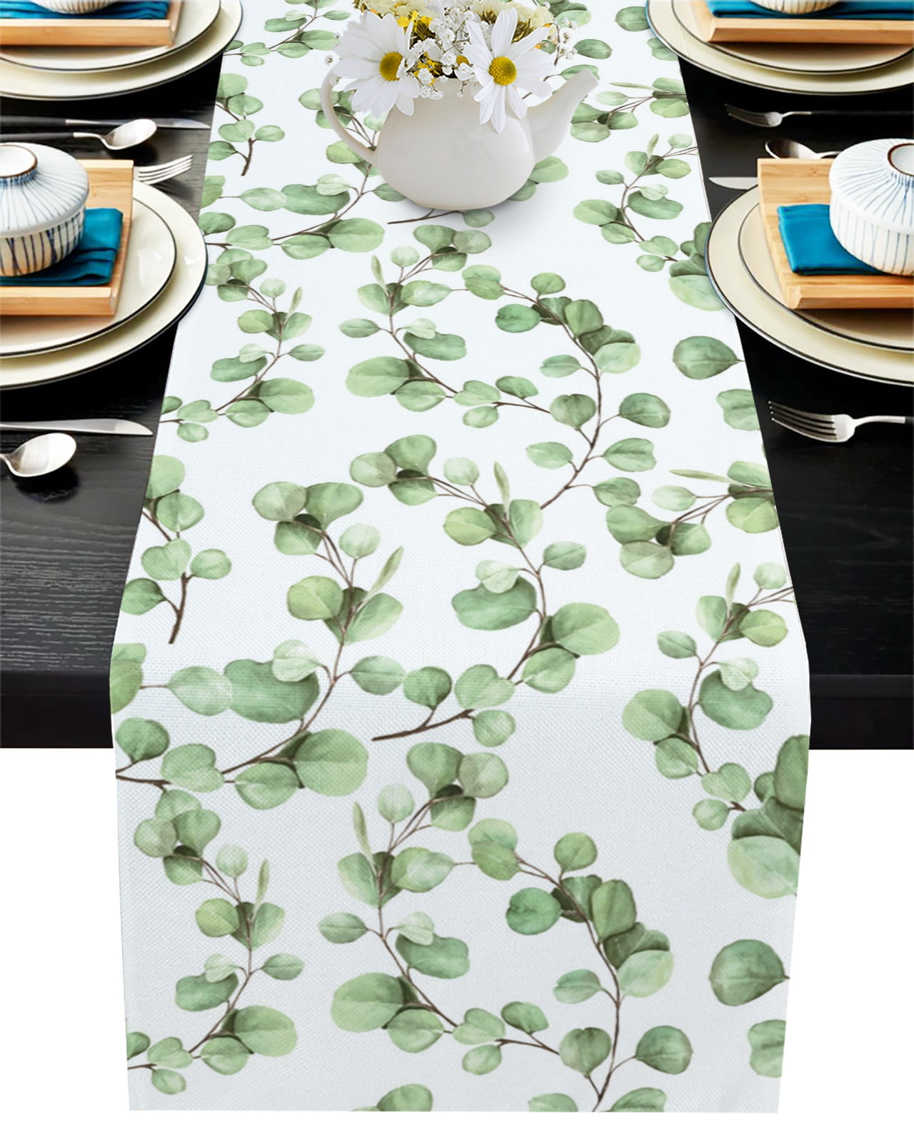 Watercolor Eucalyptus Leaves Abstract Table Runner Home Wedding Table ...