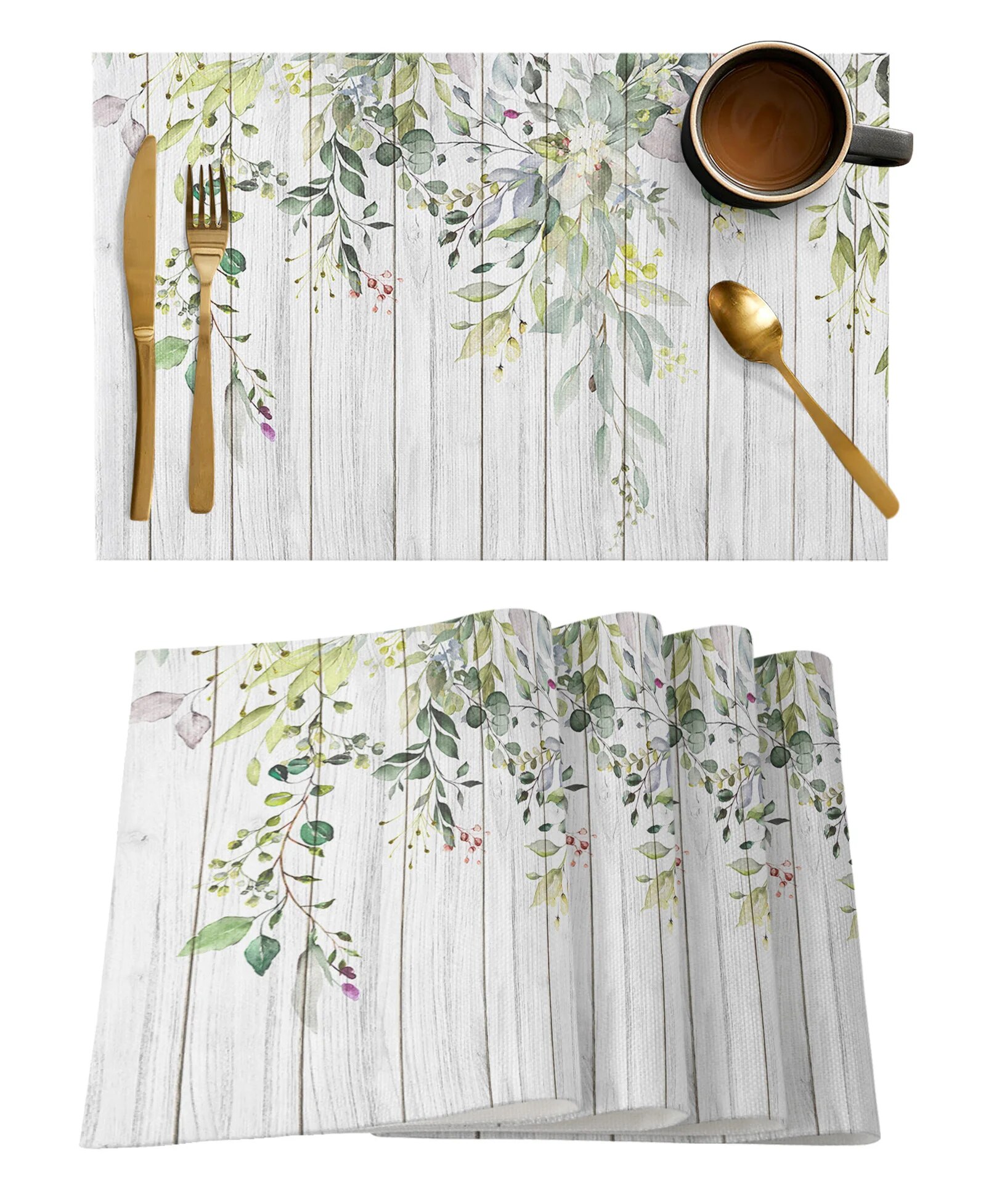 Watercolor Eucalyptus Leaves Green Wood Grain Kitchen Placemat Dining ...