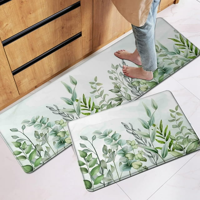 Watercolor Eucalyptus Leaves Kitchen Mats Set of 2 Spring Green Leaf ...