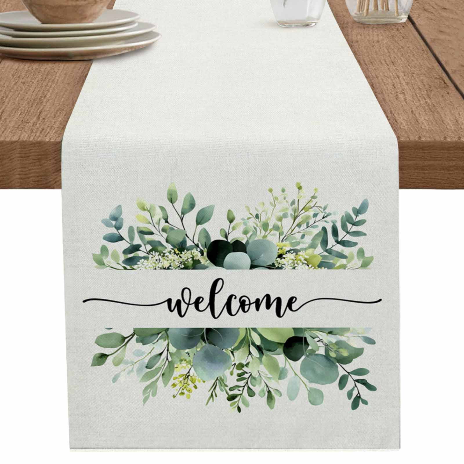 Watercolor Eucalyptus Leaves on Linen Table Runner-70 Inch Long Welcome ...