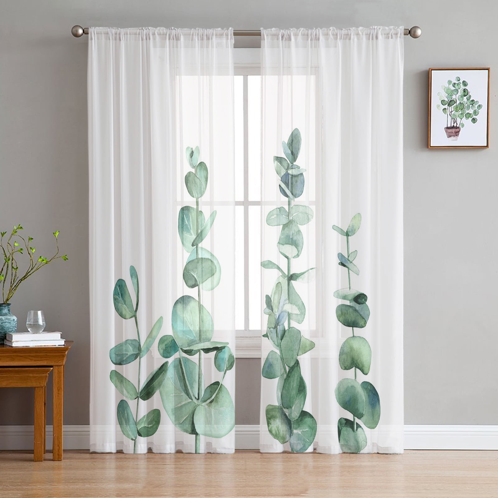 Watercolor Eucalyptus Leaves Plant Green Sheer Window Curtains for ...