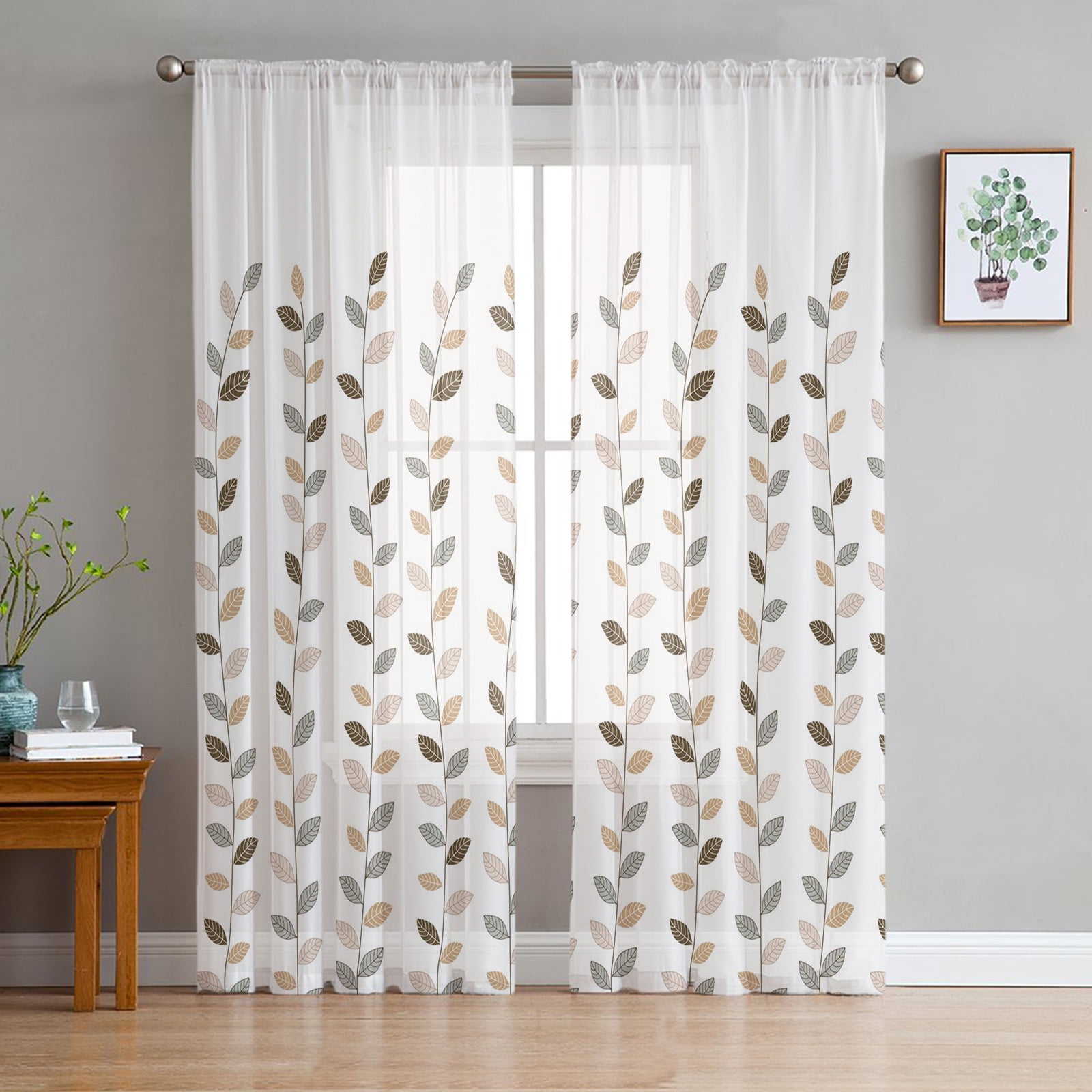 Watercolor Eucalyptus Leaves Plant Green Sheer Window Curtains for ...