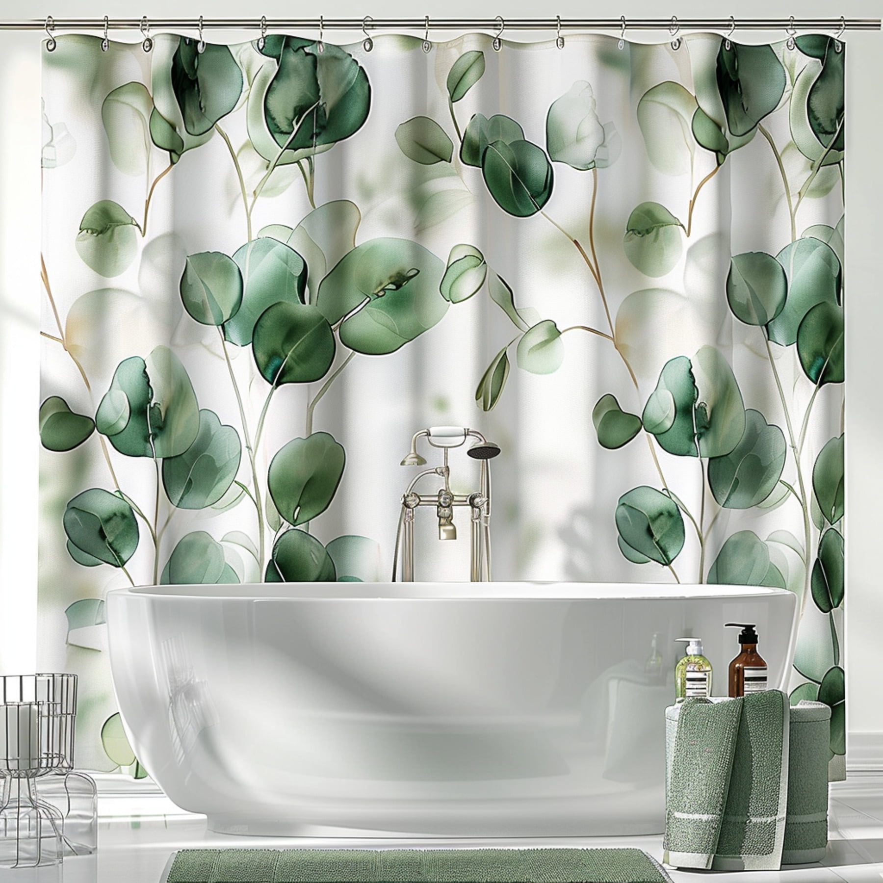 Watercolor Eucalyptus Leaves Shower Curtain Set High Detail Bathroom