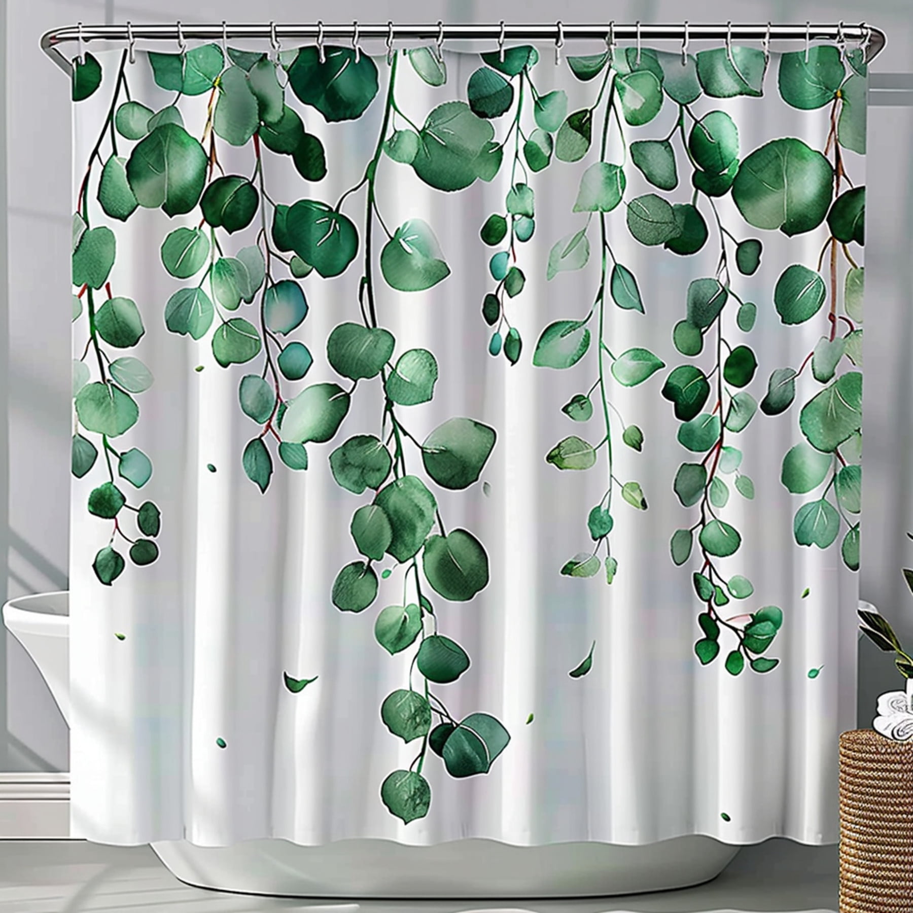 Watercolor Eucalyptus Leaves Shower Curtain White Background Details ...