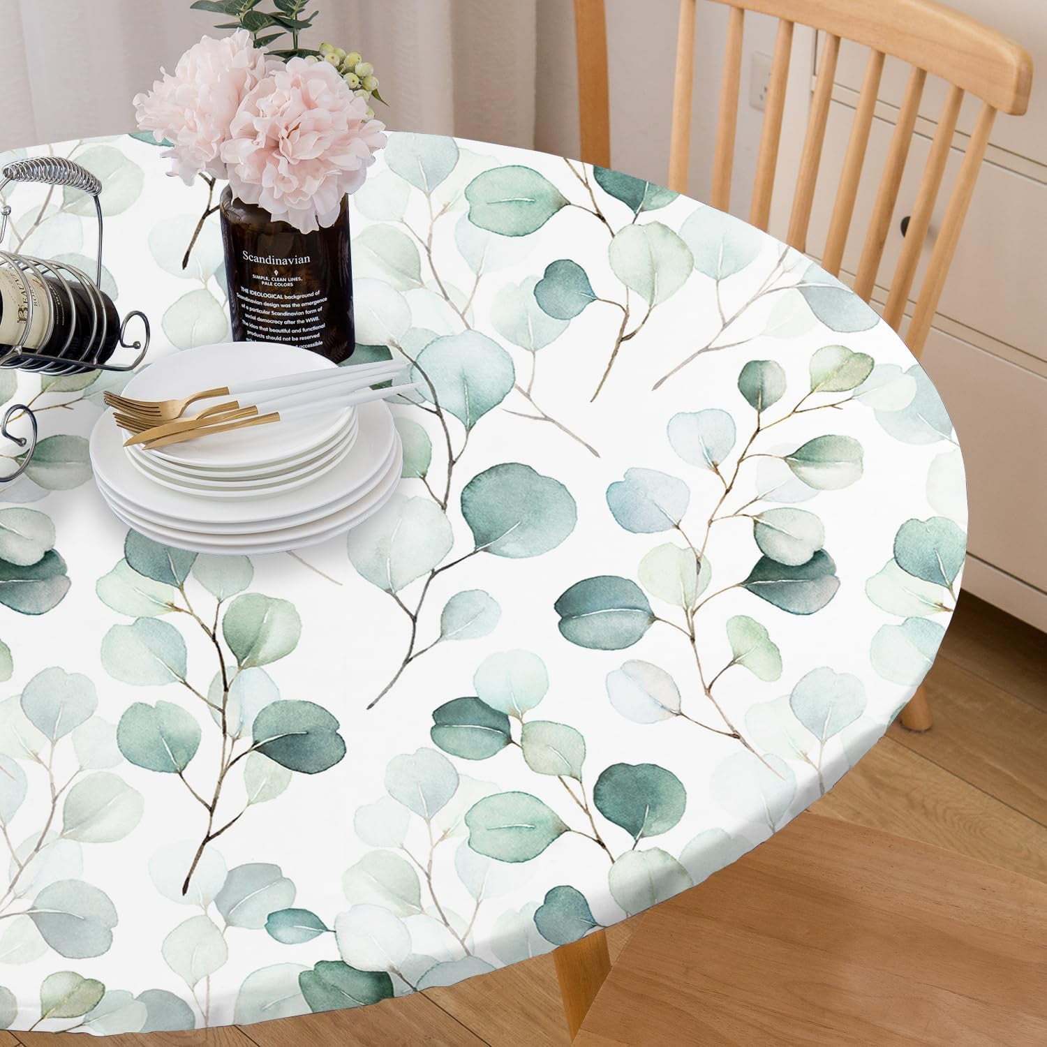 Watercolor Eucalyptus Leaves Tablecloth Fitted Elastic Oil-Proof Light ...