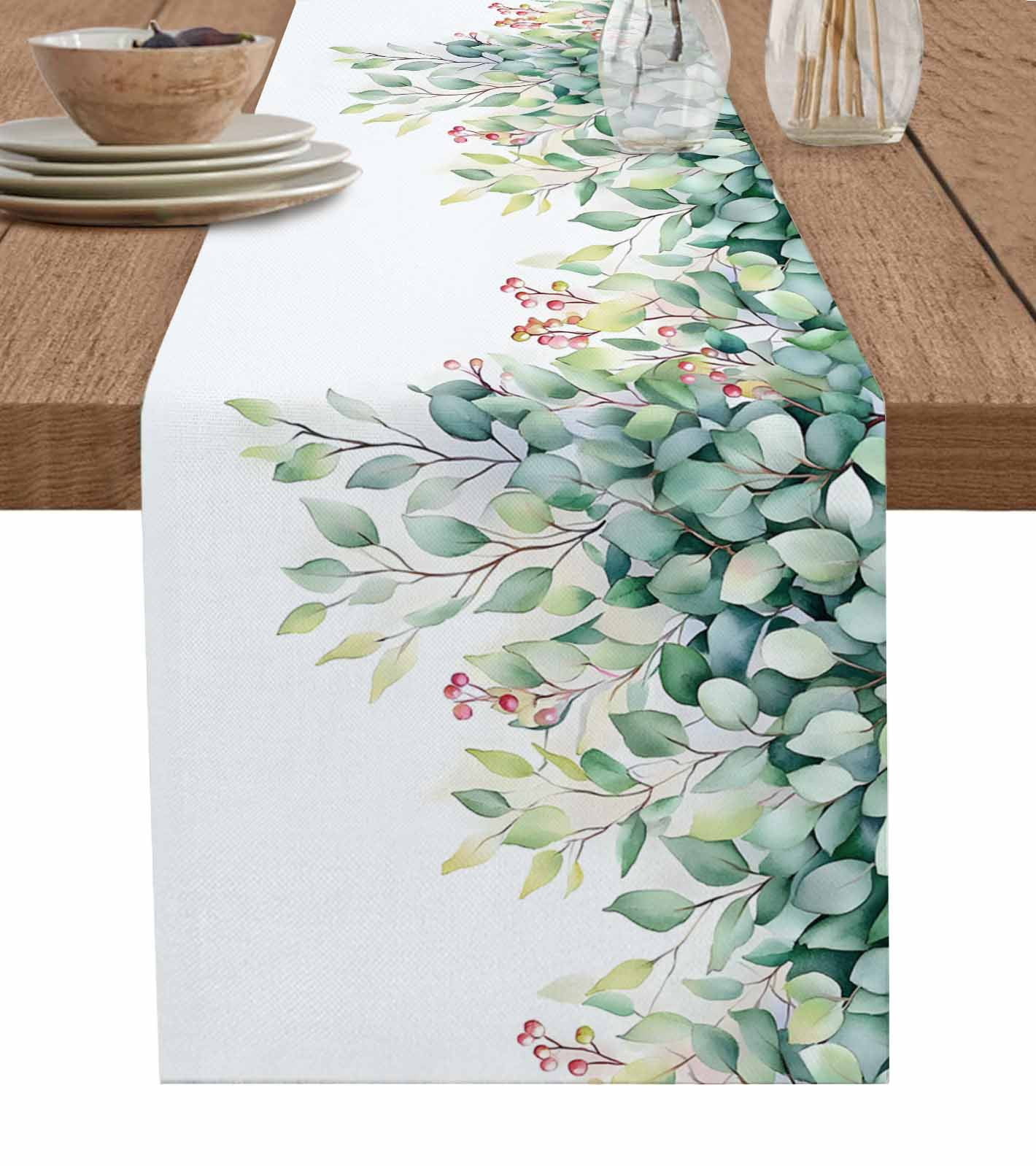 Watercolor Eucalyptus Table Runner 72 Inches, Fruit Branch White Green ...