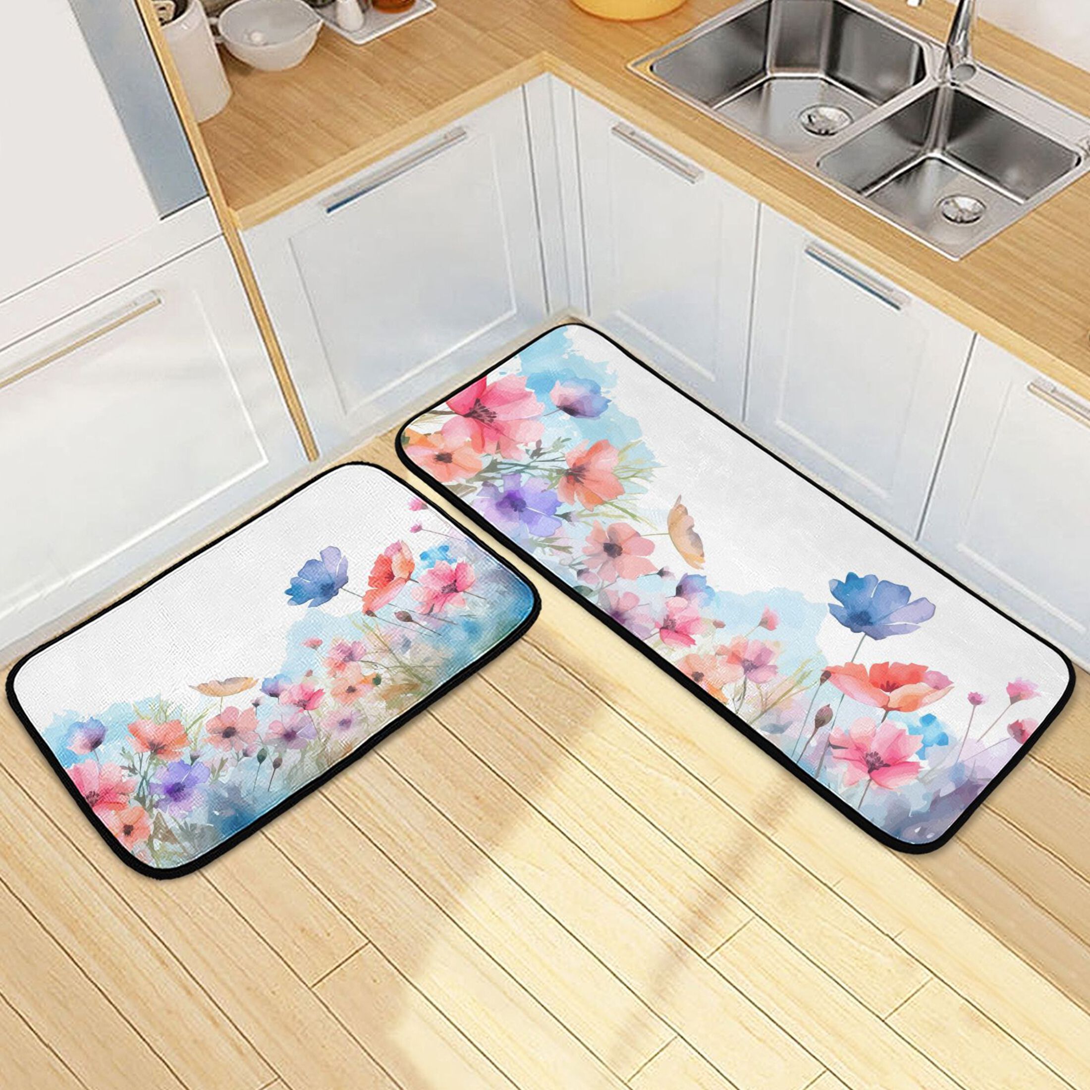 Watercolor Exotic Flowers Kitchen Mats Set 2 Piece Non Slip Floor Foam ...