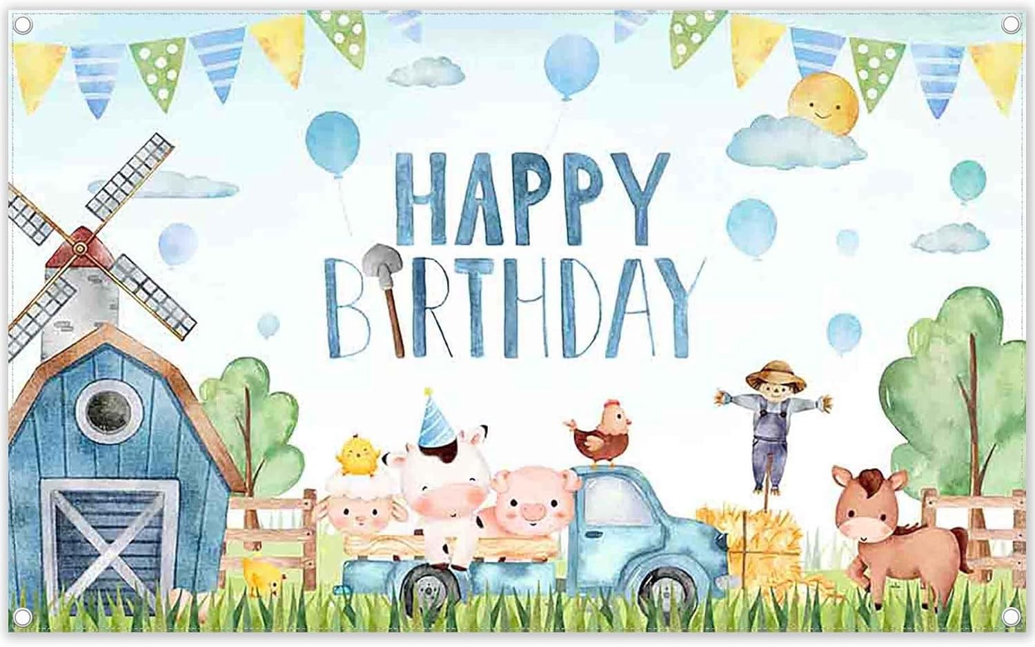 Watercolor Farm Photography Backdrop Animals Blue Barn Tractors ...