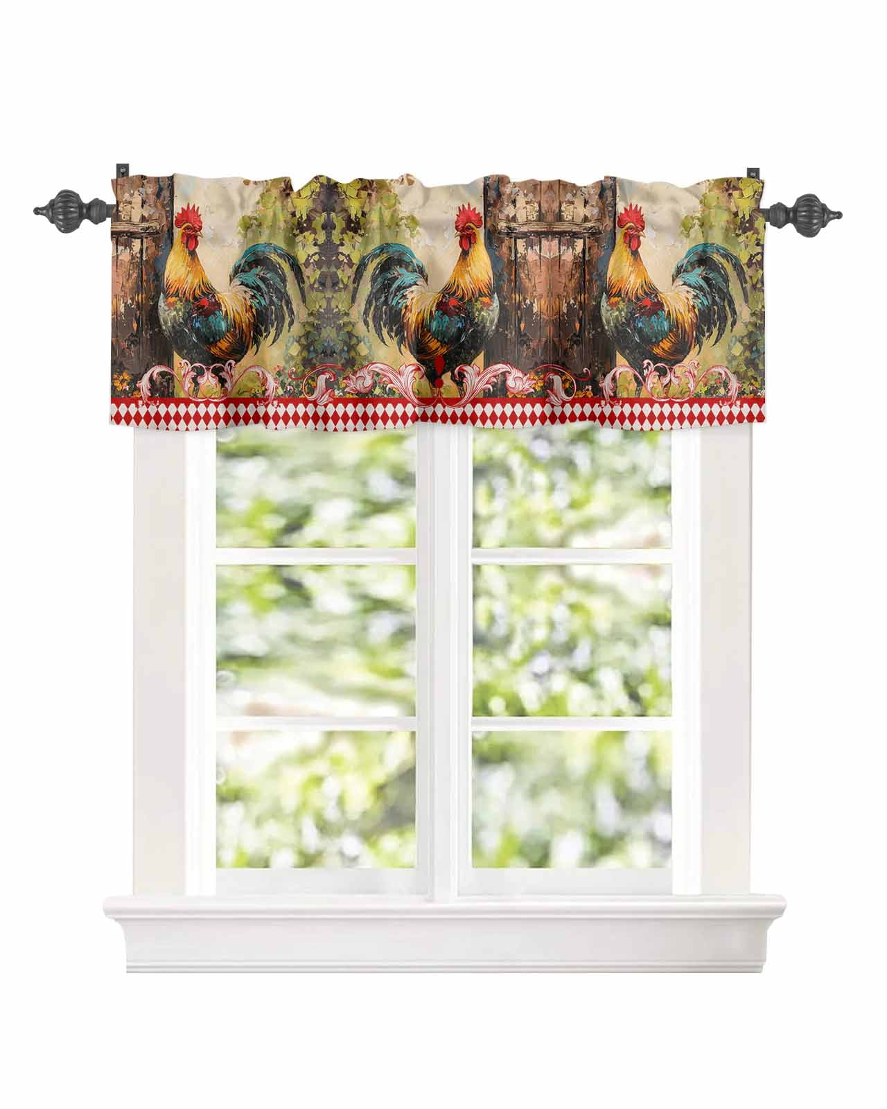 Watercolor Farmhouse Rooster Animal Window Valances for Kitchen,Rod ...