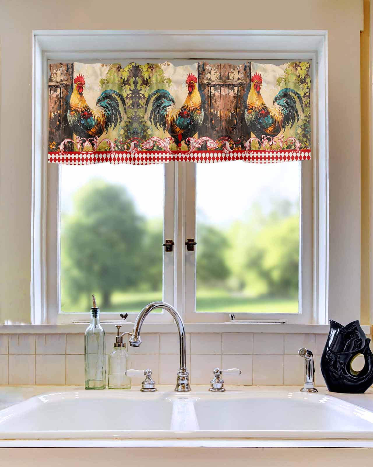 Watercolor Farmhouse Rooster Animal Window Valances for Kitchen,Rod ...