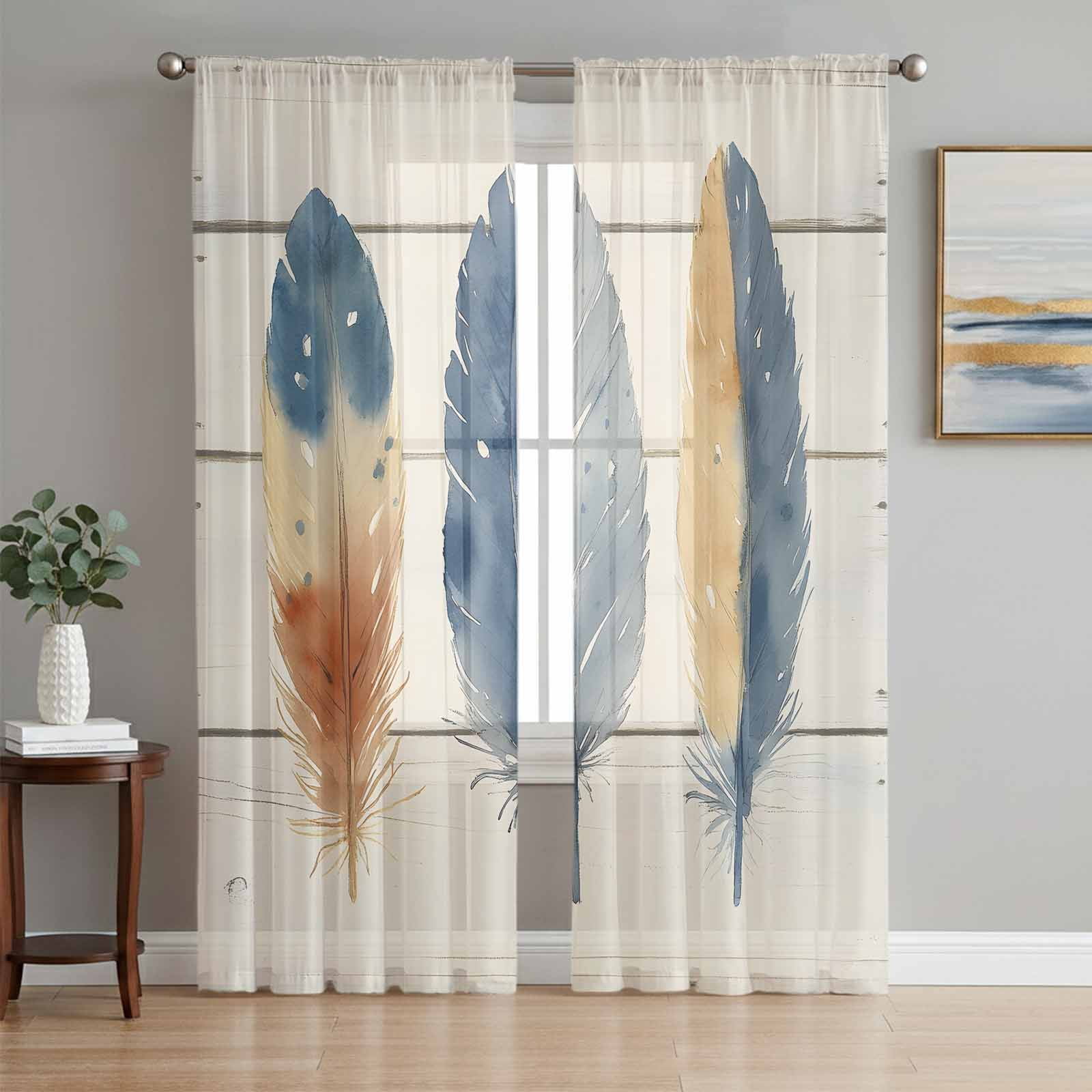 Watercolor Feather Sheer Curtains 84 Inch Length 2 Panels Set, Vintage ...