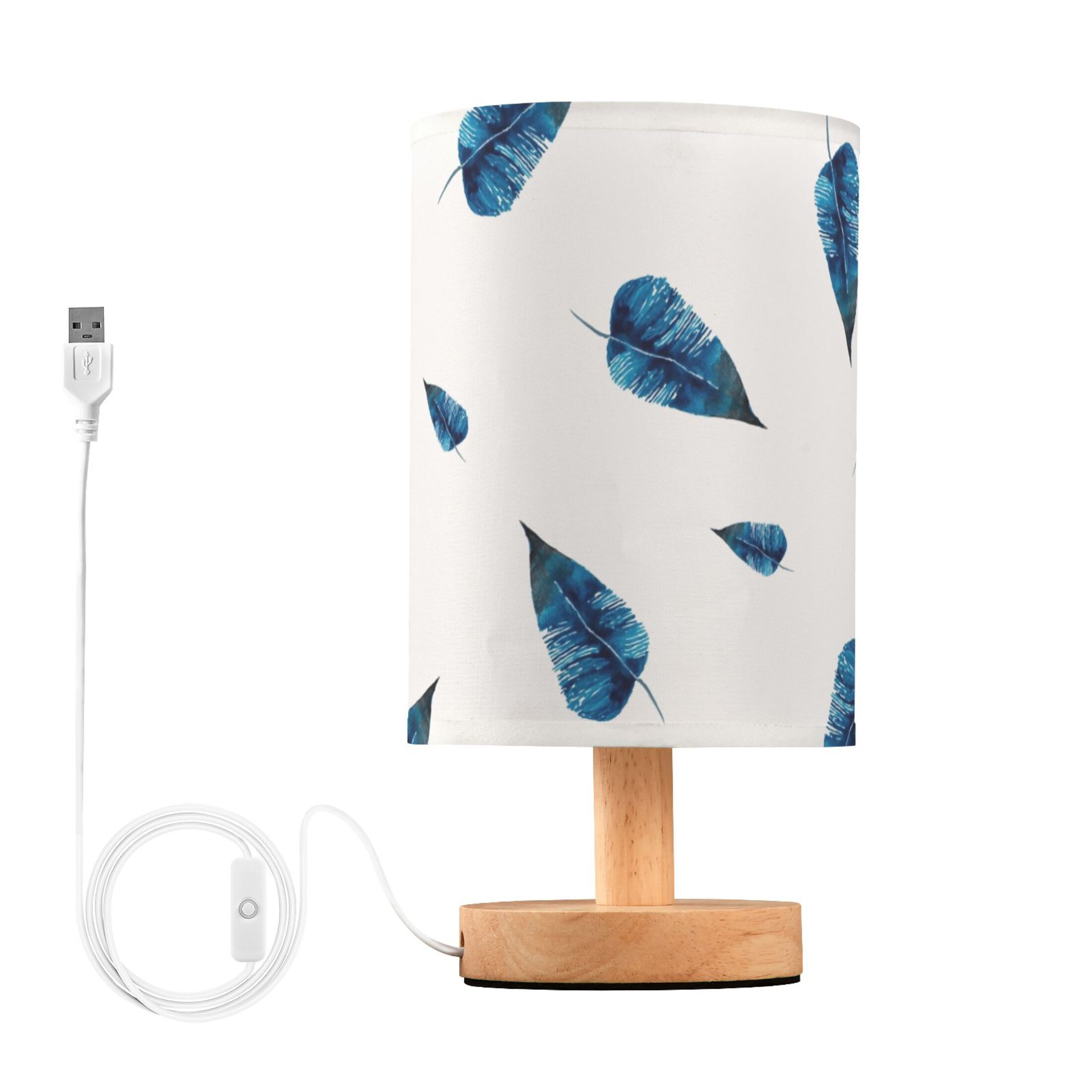 Watercolor Feathers Blue Bedside Table Lamp LED Warm Lights with USB ...