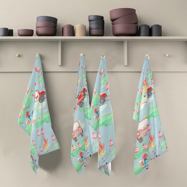 Watercolor Fire Trucks Fox Firefighter Dish Towels Set of 6, Cartoon ...