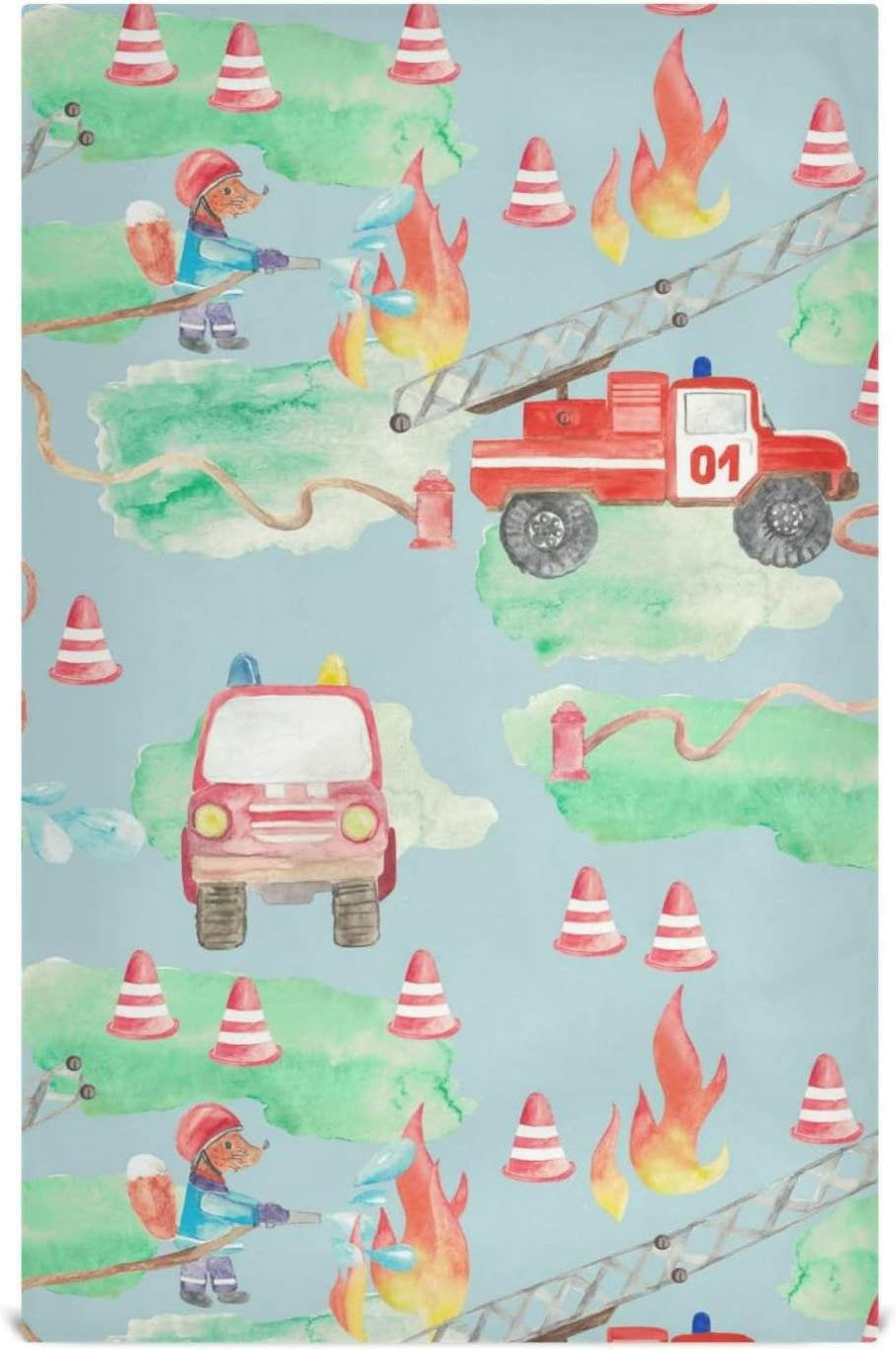 Watercolor Fire Trucks Fox Firefighter Kitchen Dish Towels Set of 1 ...