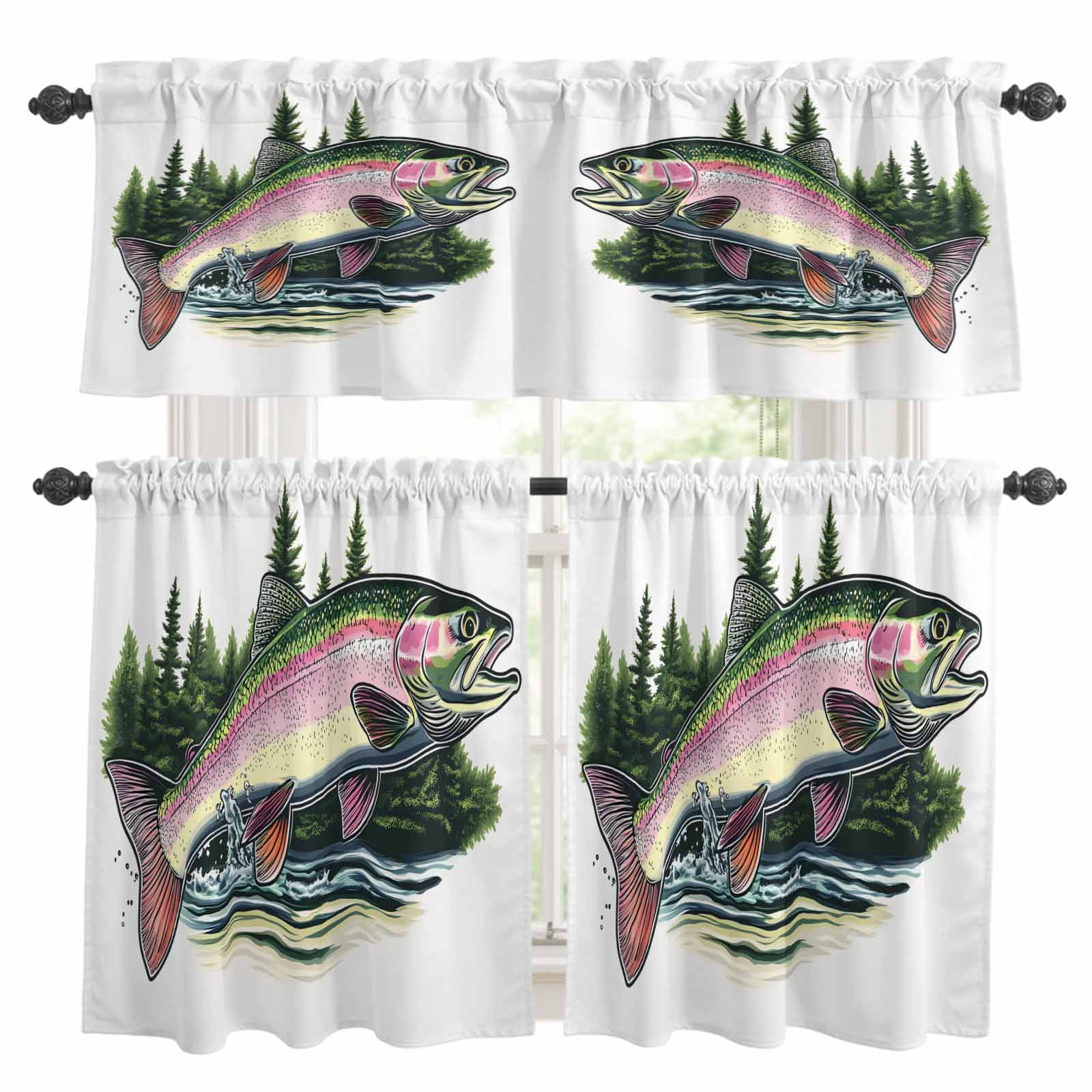 Watercolor Fish Kitchen Curtains Valances and Tiers Set of 3 Fishing ...