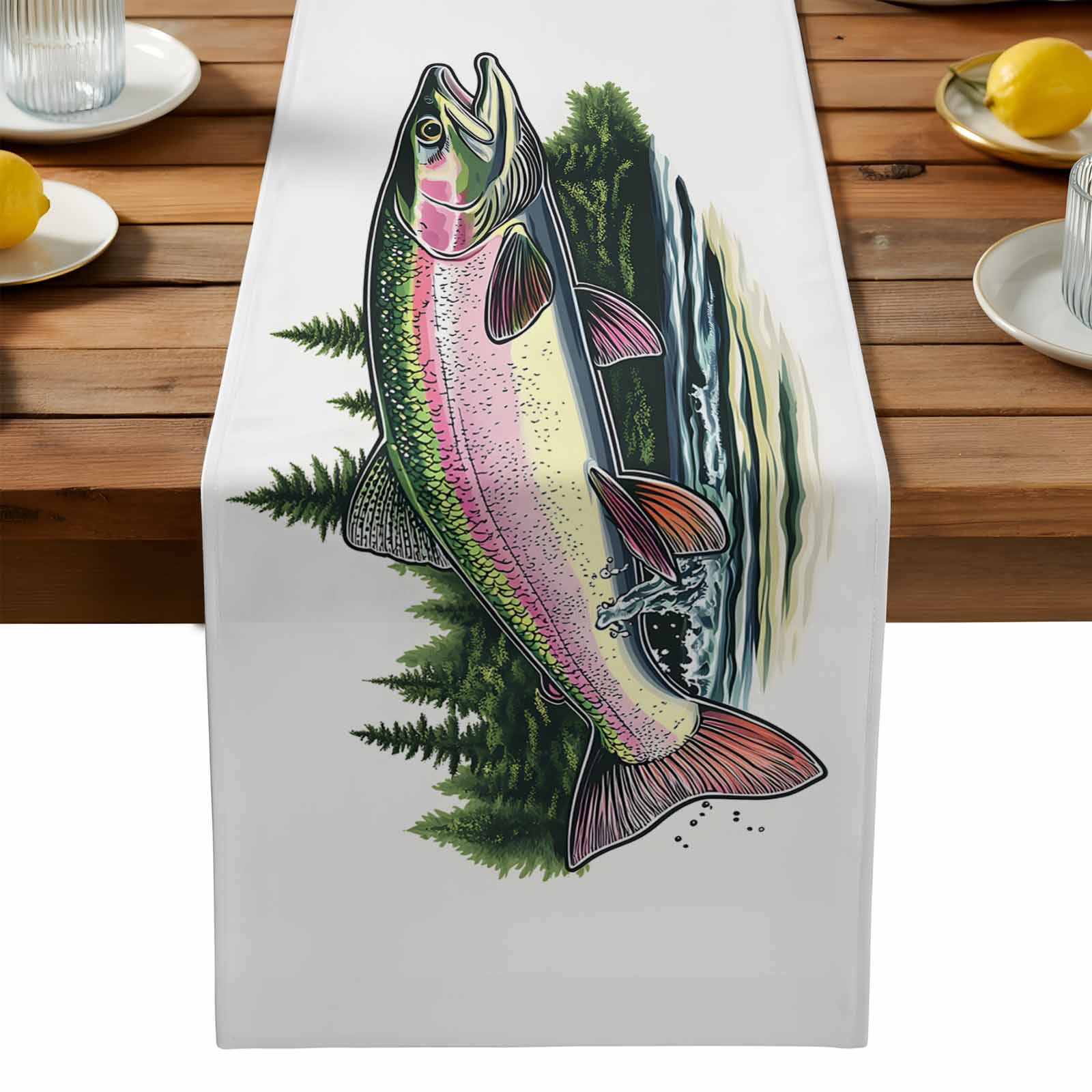 Watercolor Fish Table Runner, Fishing Bass Kitchen Table Runners Dress ...
