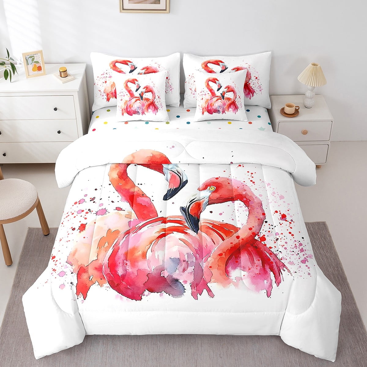 Watercolor Flamingo Bedding Comforter Sets 7 Piece Pink White Bed in a ...