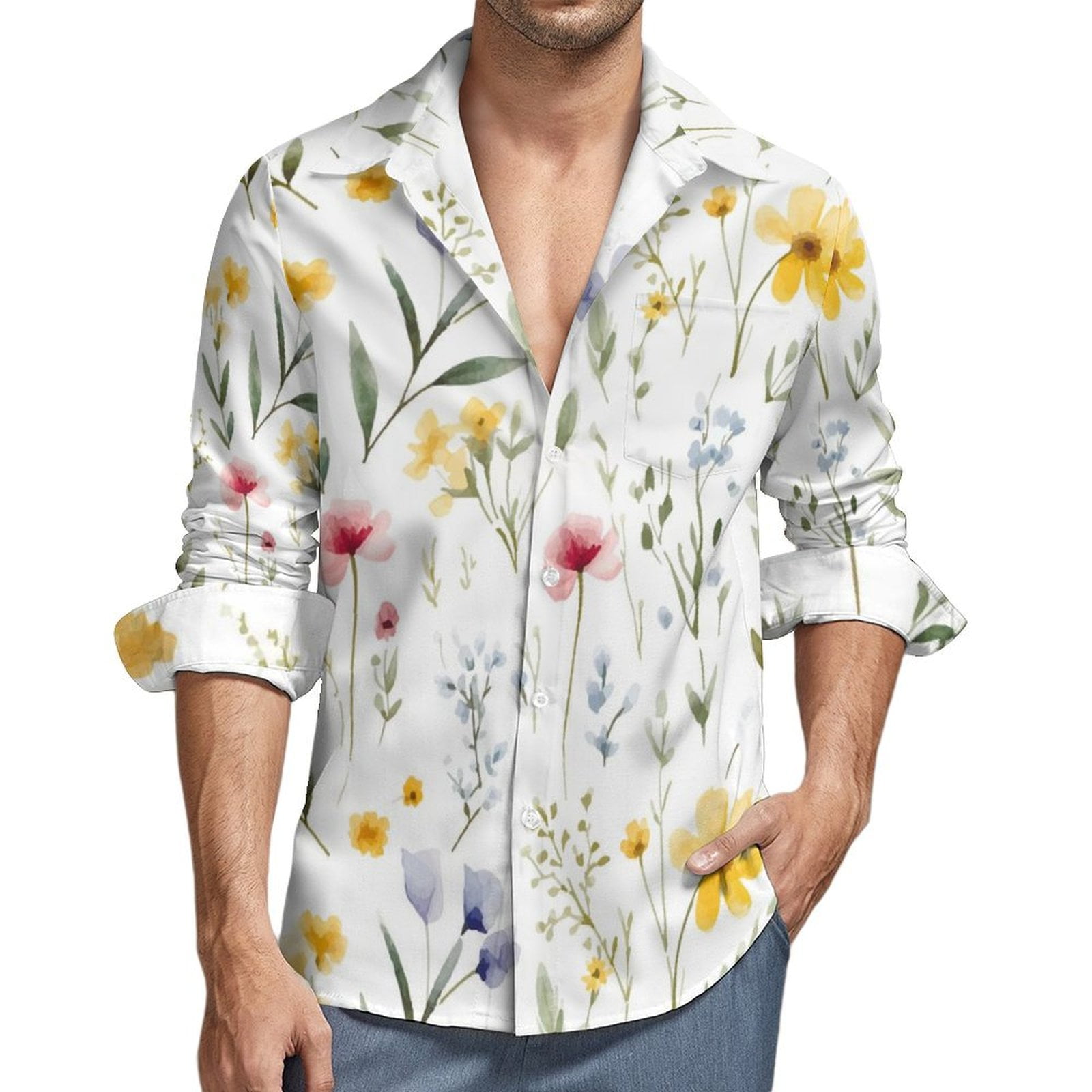 Watercolor Floral A Mens Long Sleeve Button Down Shirts, Casual Men's ...