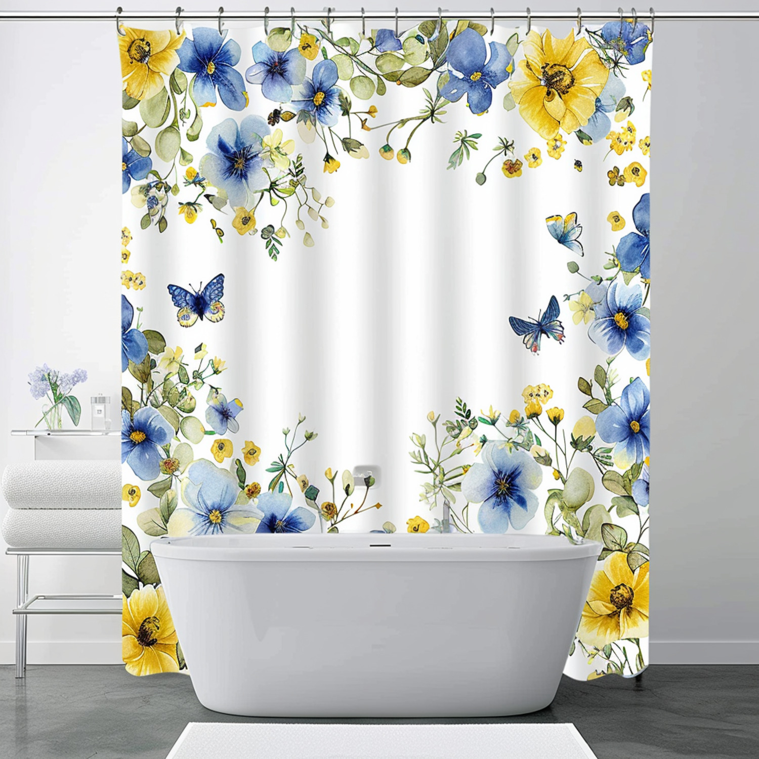 Watercolor Floral Bathroom Curtain Set with Butterflies Blue and Yellow ...