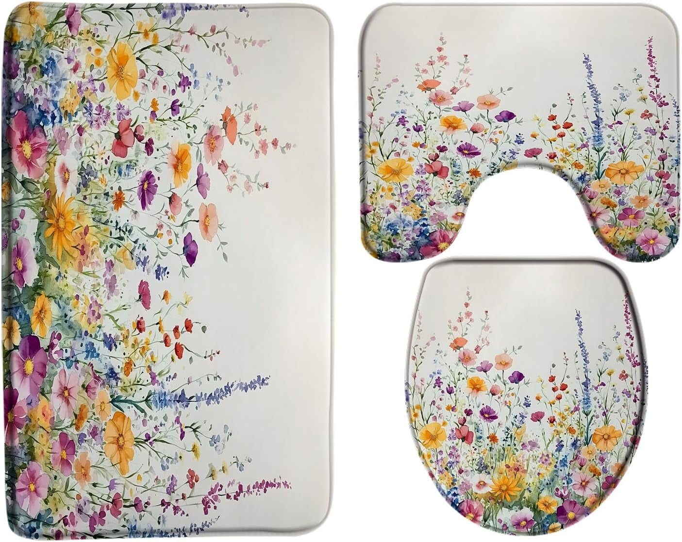 Watercolor Floral Bathroom Rug Set 3 Piece, Colorful Flower Botanical ...
