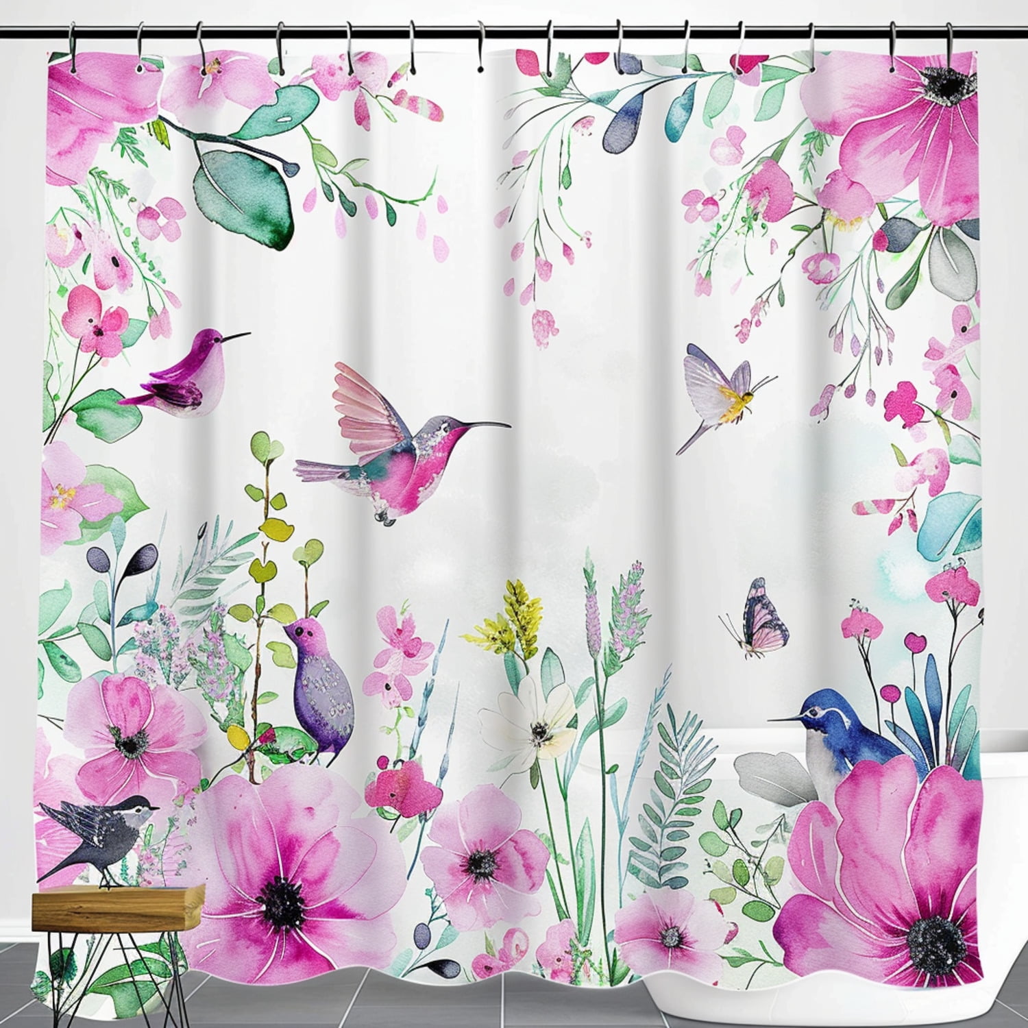 Watercolor Floral Bathroom Set with Pink and Purple Flowers Butterflies Birds and Leaves ...