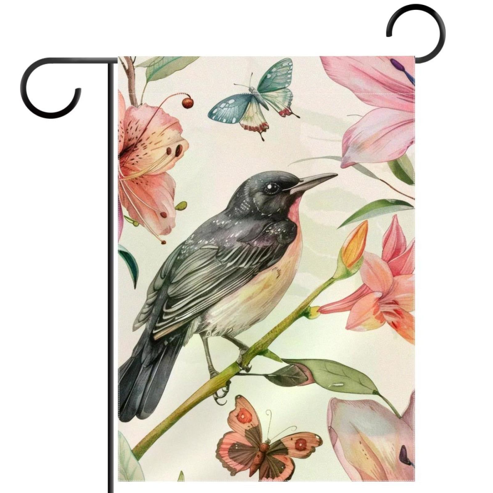 Watercolor Floral Bird and Butterfly Patterns Double Sided Garden Flag ...