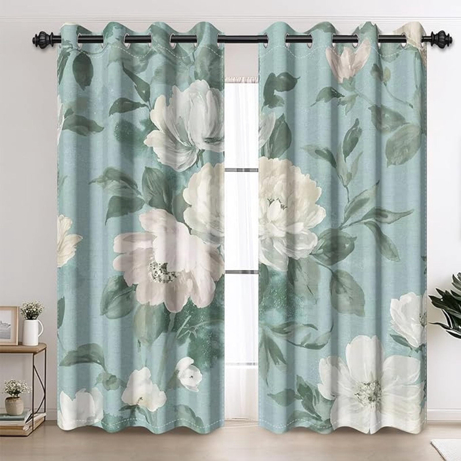 Watercolor Floral Blackout Curtains, White Flowers With Leaves Sage ...
