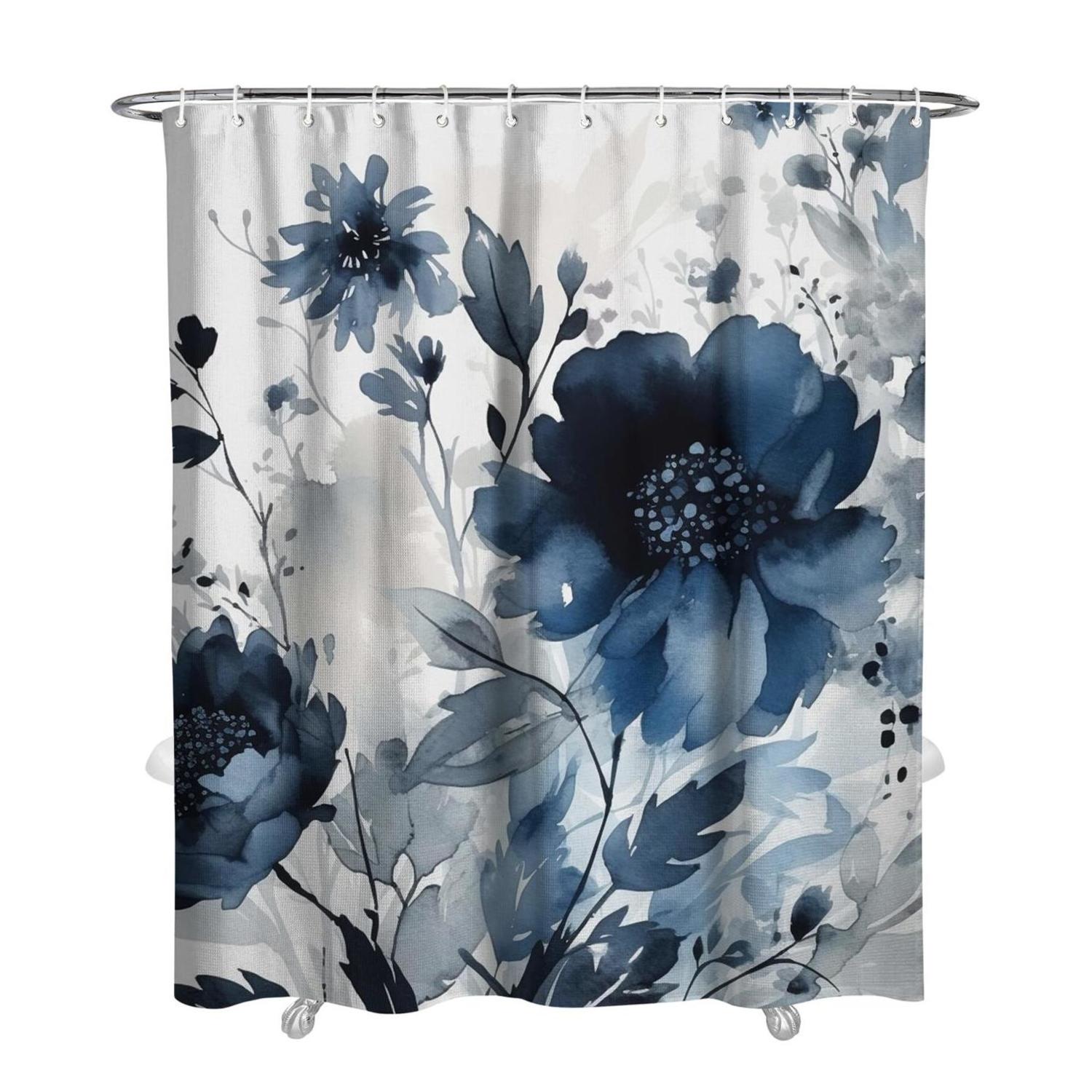 Watercolor Floral Bule Flower Shower Curtains, Farmhouse Shower ...