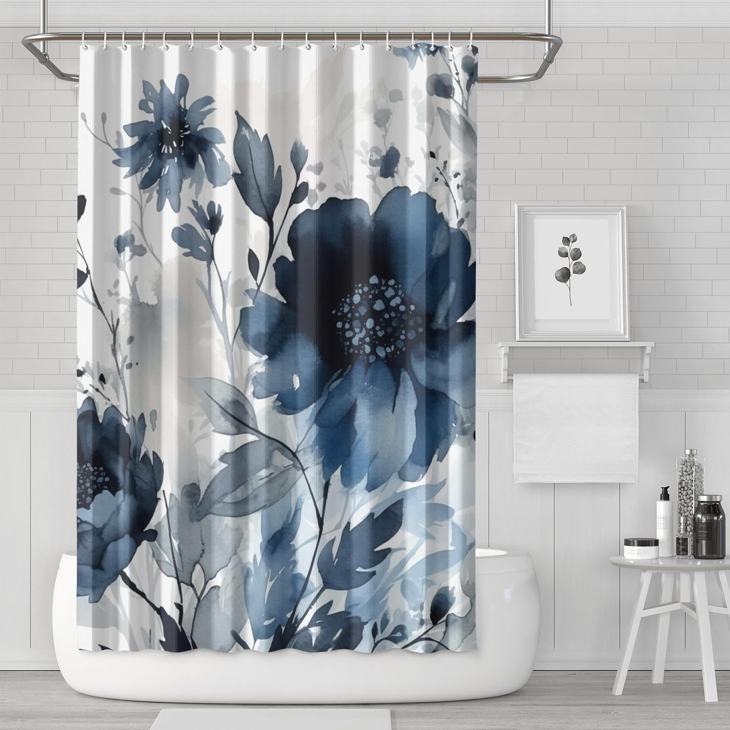 Watercolor Floral Bule Flower Shower Curtains,Farmhouse Shower Curtains ...