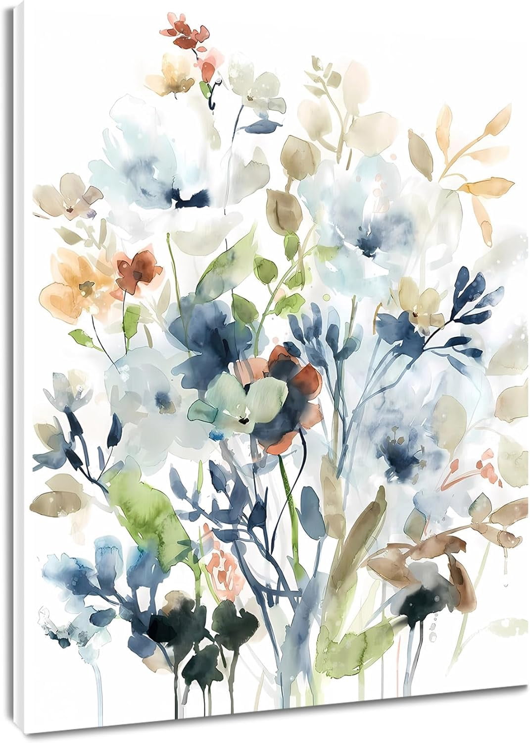 Watercolor Floral Canvas Wall Art Blue Watercolor Flower and Green Leaf ...