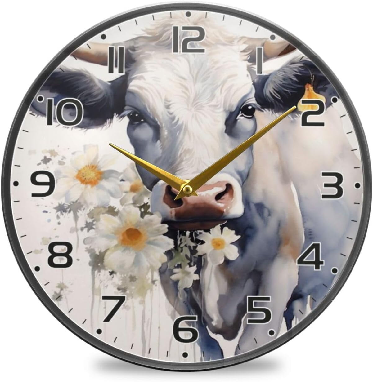 Watercolor Floral Cow Wall Clock Round Silent Non Ticking Battery ...