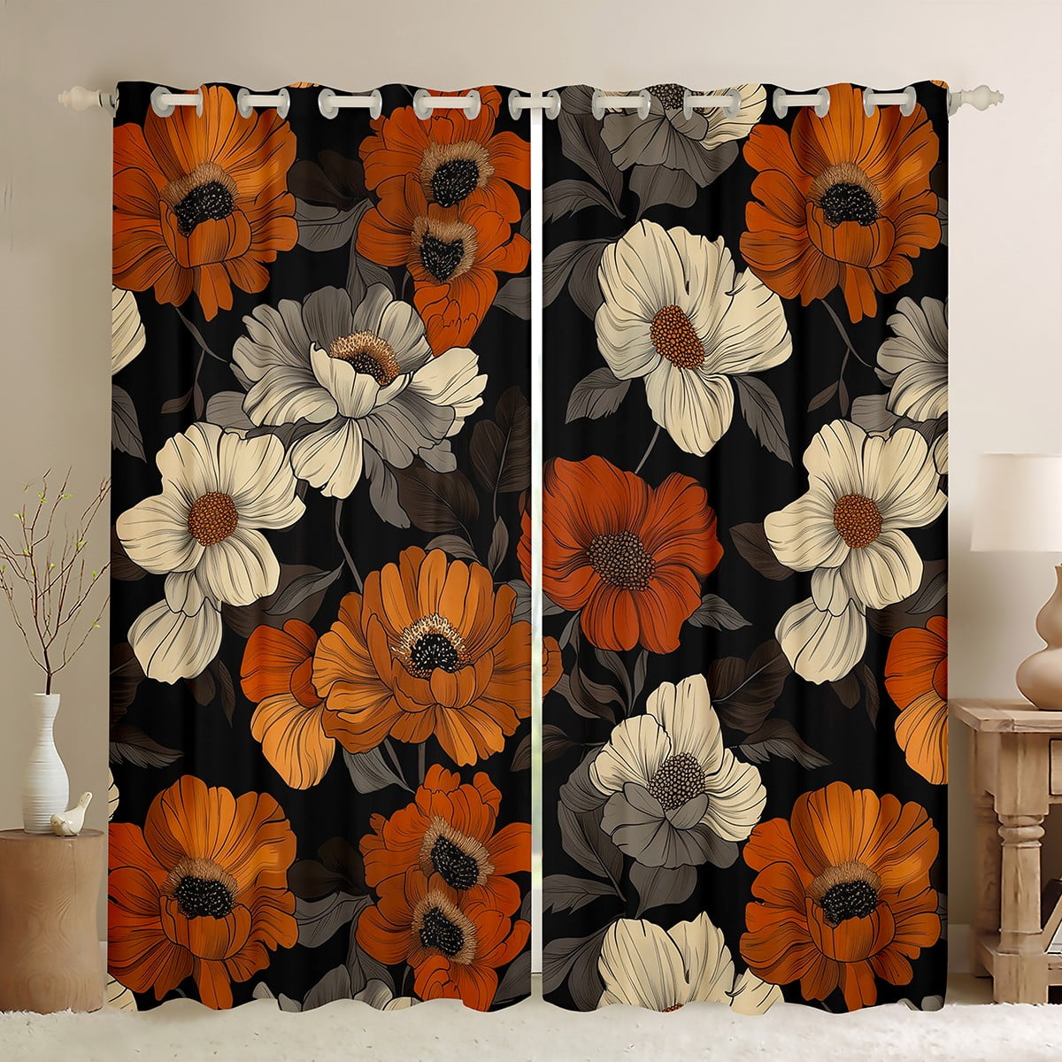 Watercolor Floral Curtains Red Beige Flower Curtains & Drapes ...