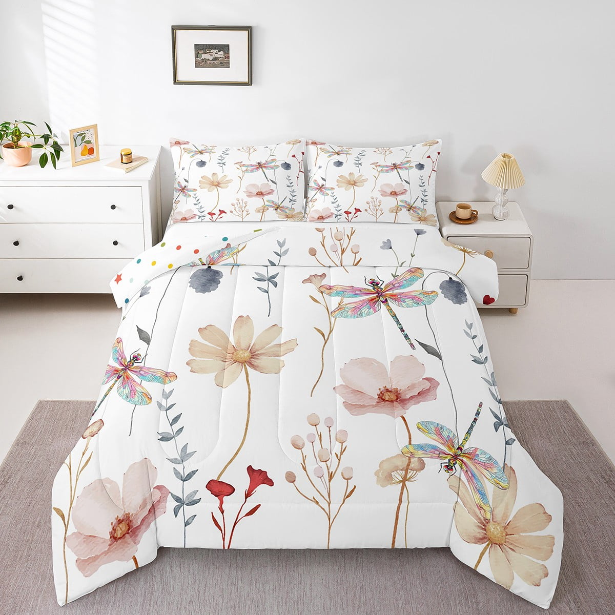 Watercolor Floral Dragonfly Comforter Set King Size, Coral Beige Flower ...