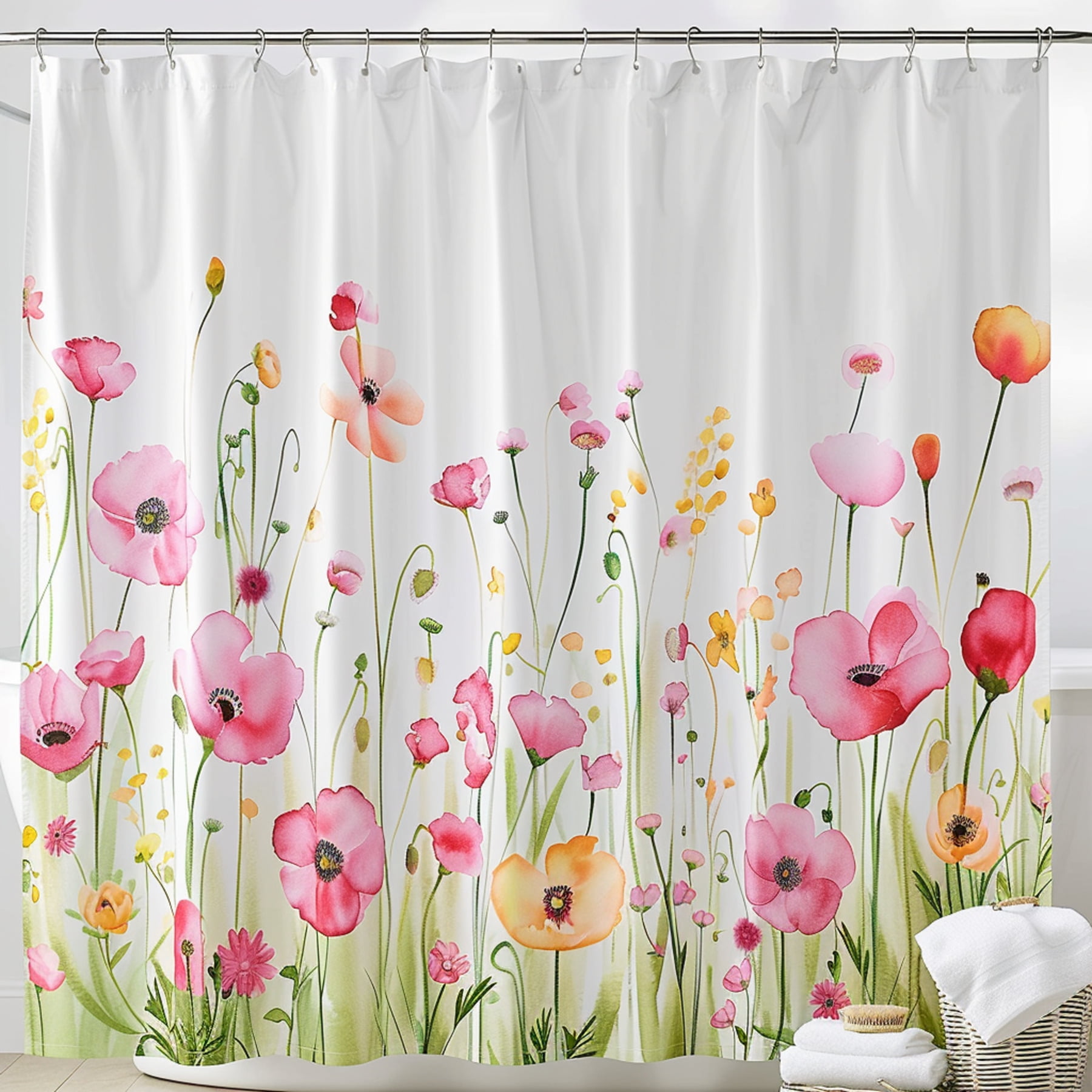 Watercolor Floral Field Shower Curtain Pink And Yellow Wildflowers On