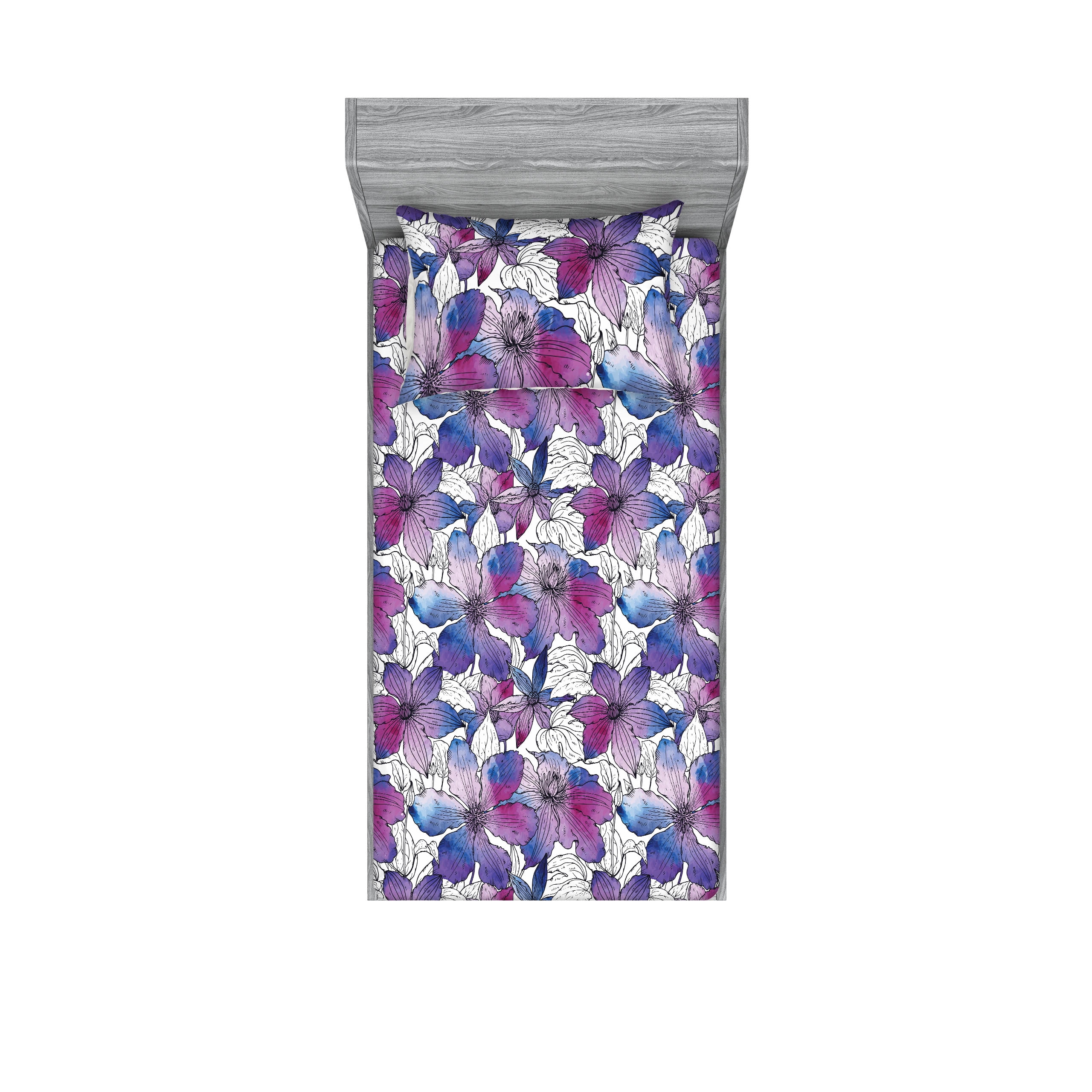 Watercolor Floral Fitted Sheet & Pillow Sham Set, Clematis Flowers with ...