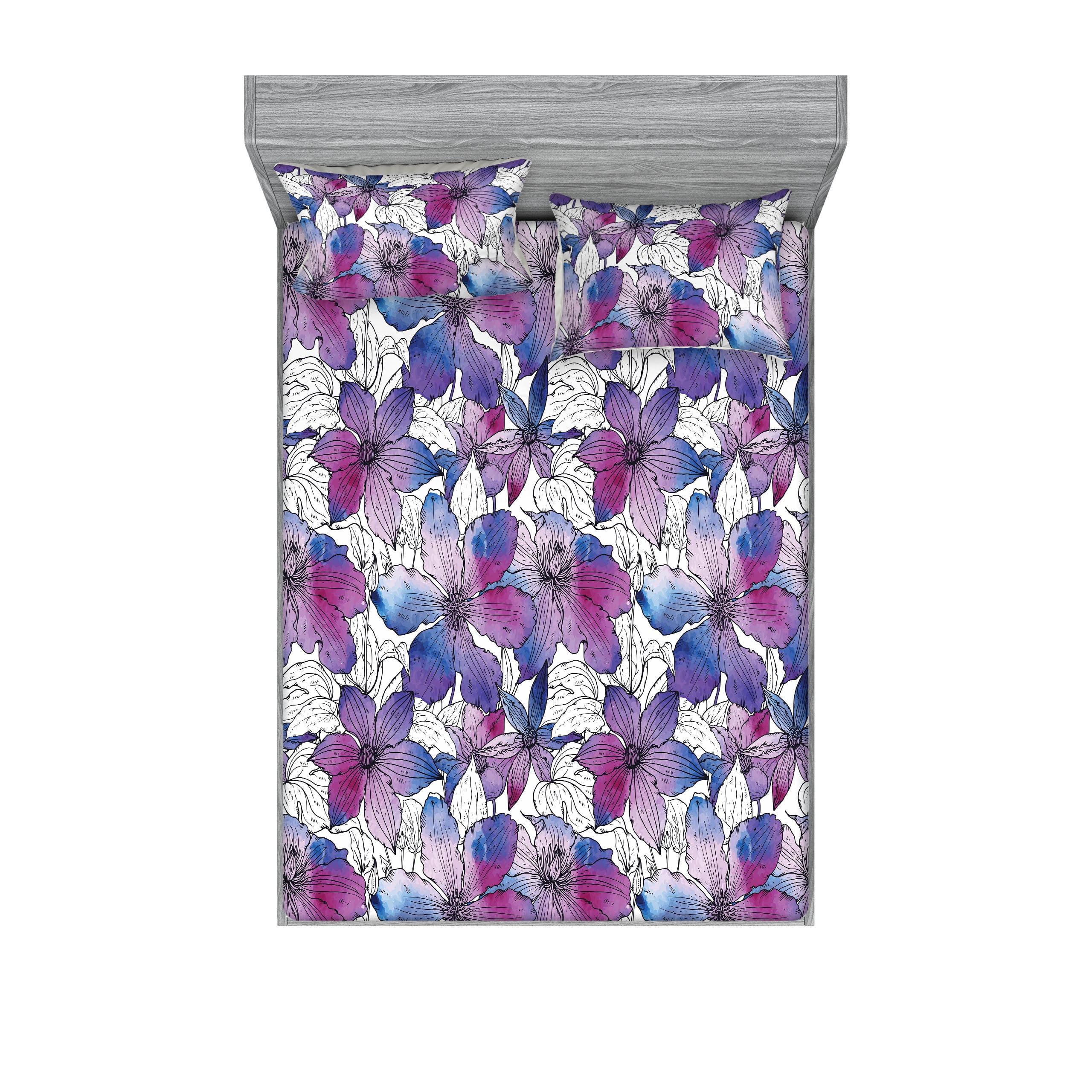 Watercolor Floral Fitted Sheet & Pillow Sham Set, Clematis Flowers with ...
