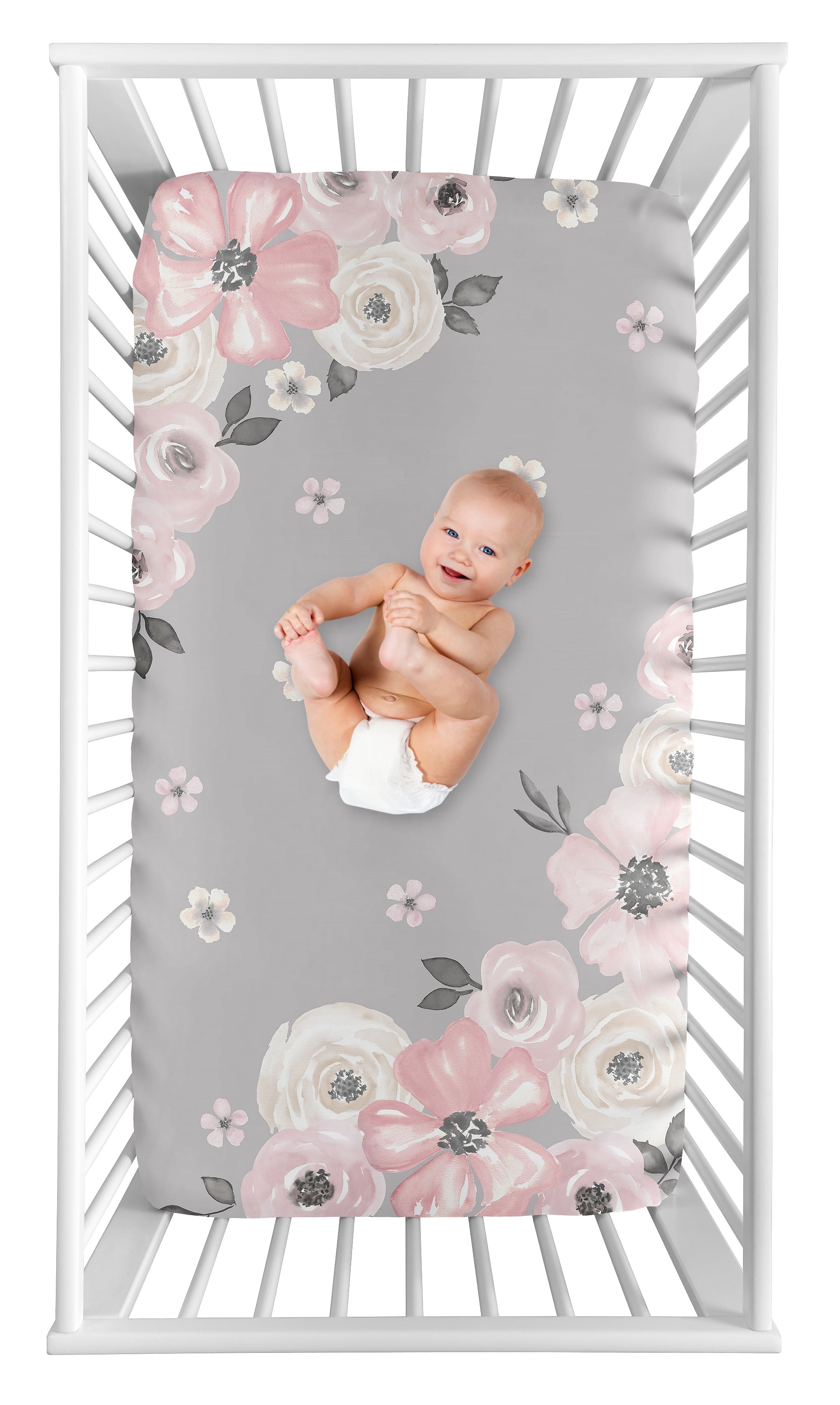 Sweet Jojo Designs Watercolor Floral Grey and Pink Photo Op Fitted Crib ...