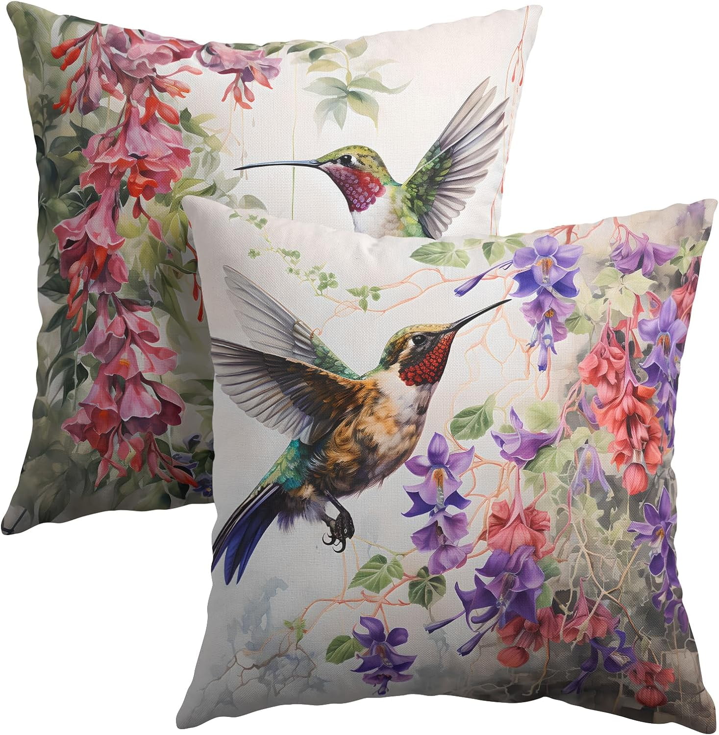 Watercolor Floral Hummingbird Pillow Covers - Spring Bird with Flower ...