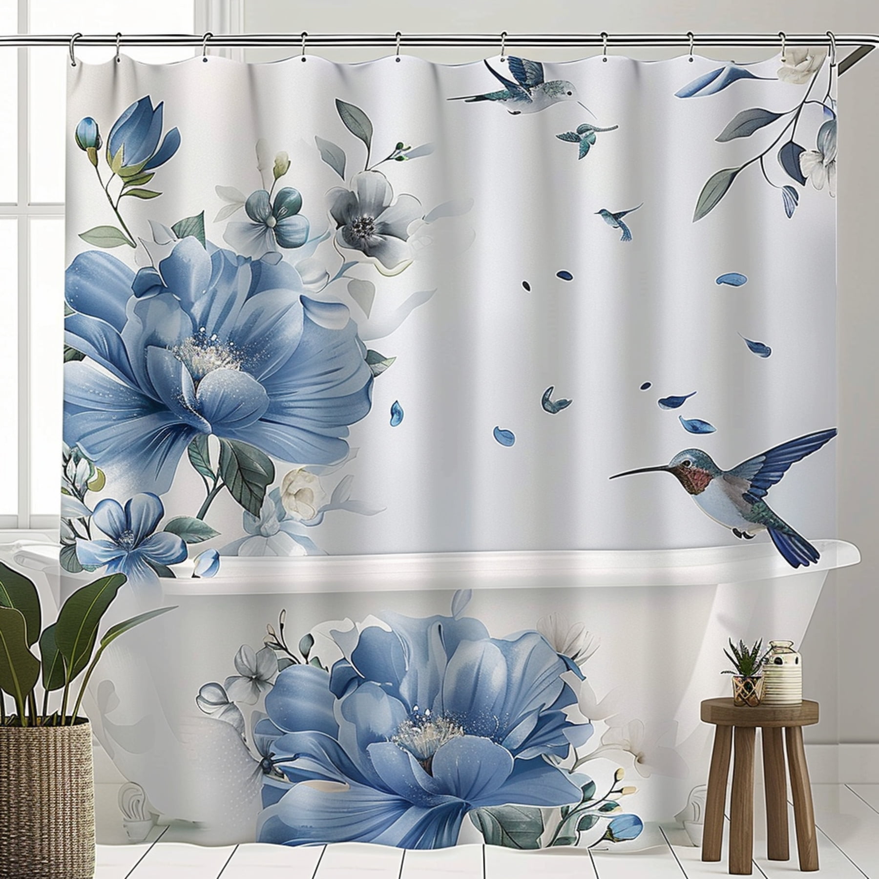 Watercolor Floral Hummingbird Shower Curtain Elegant Bathroom Decor
