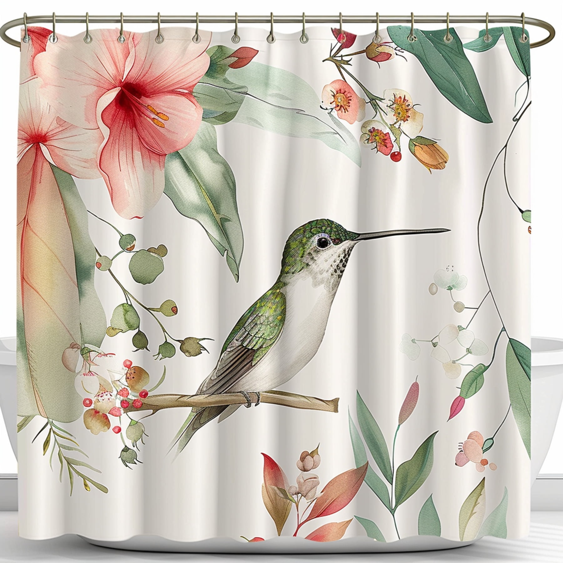 Watercolor Floral Hummingbird Shower Curtain Modern Bathroom Decor With